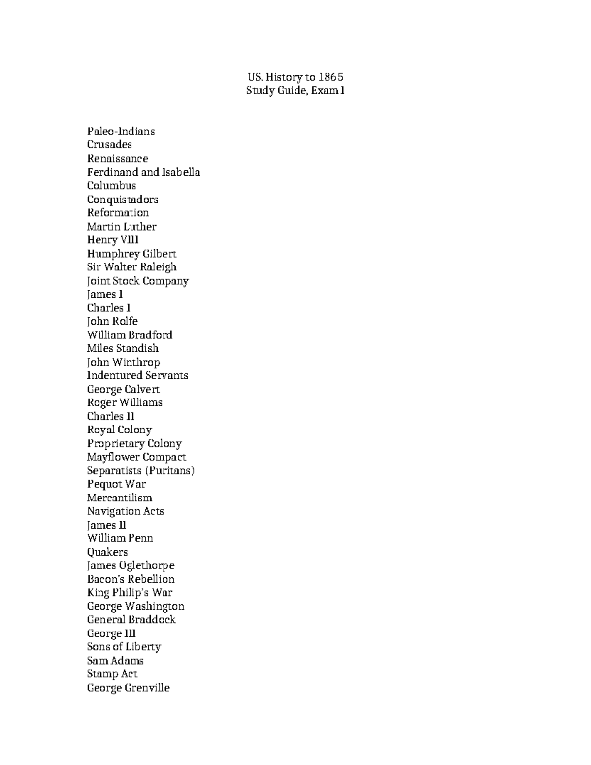US History to 1865 Study Guide, Exam I: Key Events & Themes - Studocu