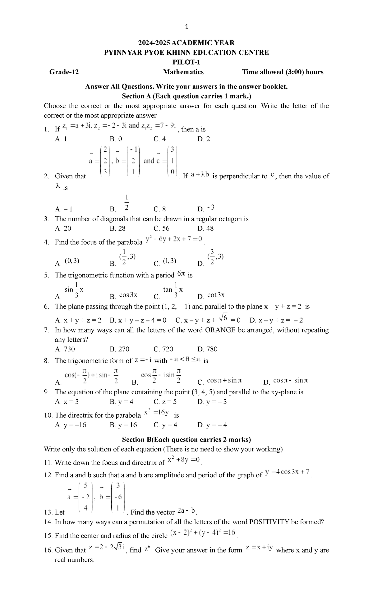 Pilot 1 maths G 12 Leg printed - 1 2024-2025 ACADEMIC YEAR PYINNYAR ...