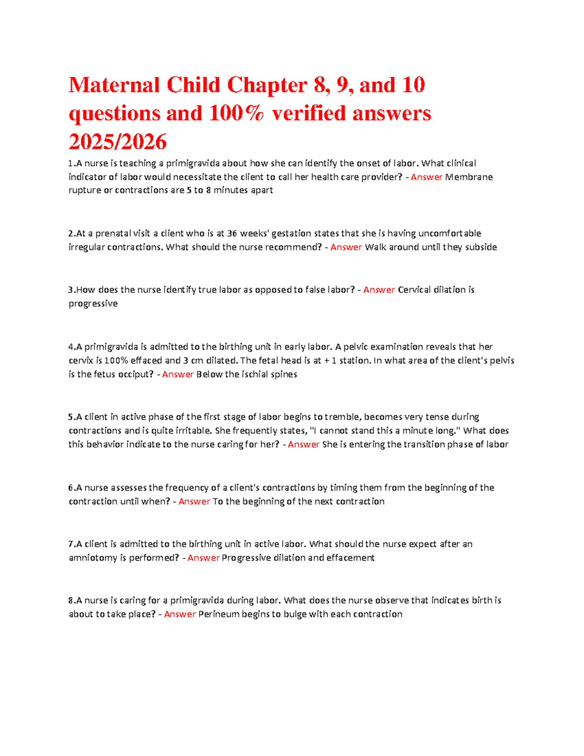Maternal Child Nursing: Chapter 8, 9, & 10 Labor Questions & Answers ...