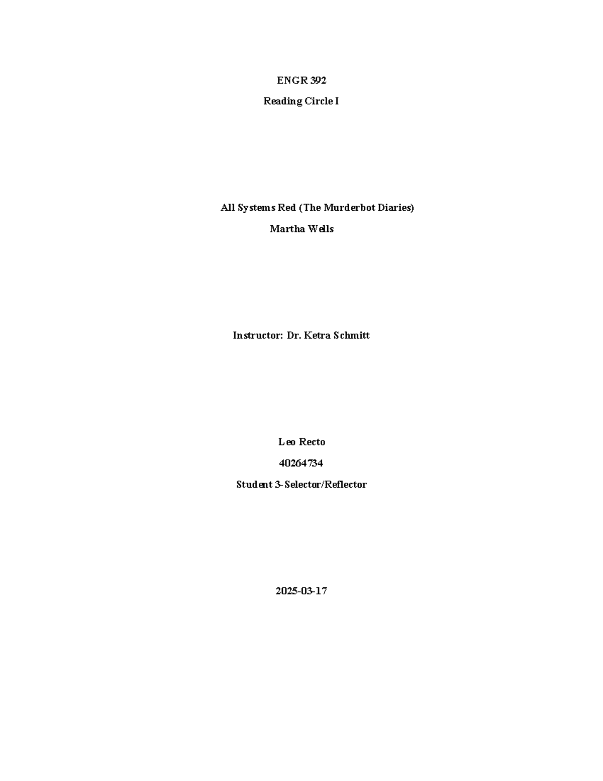 ENGR392-Reflector - book review - ENGR 392 - ENGR 392 Reading Circle I ...