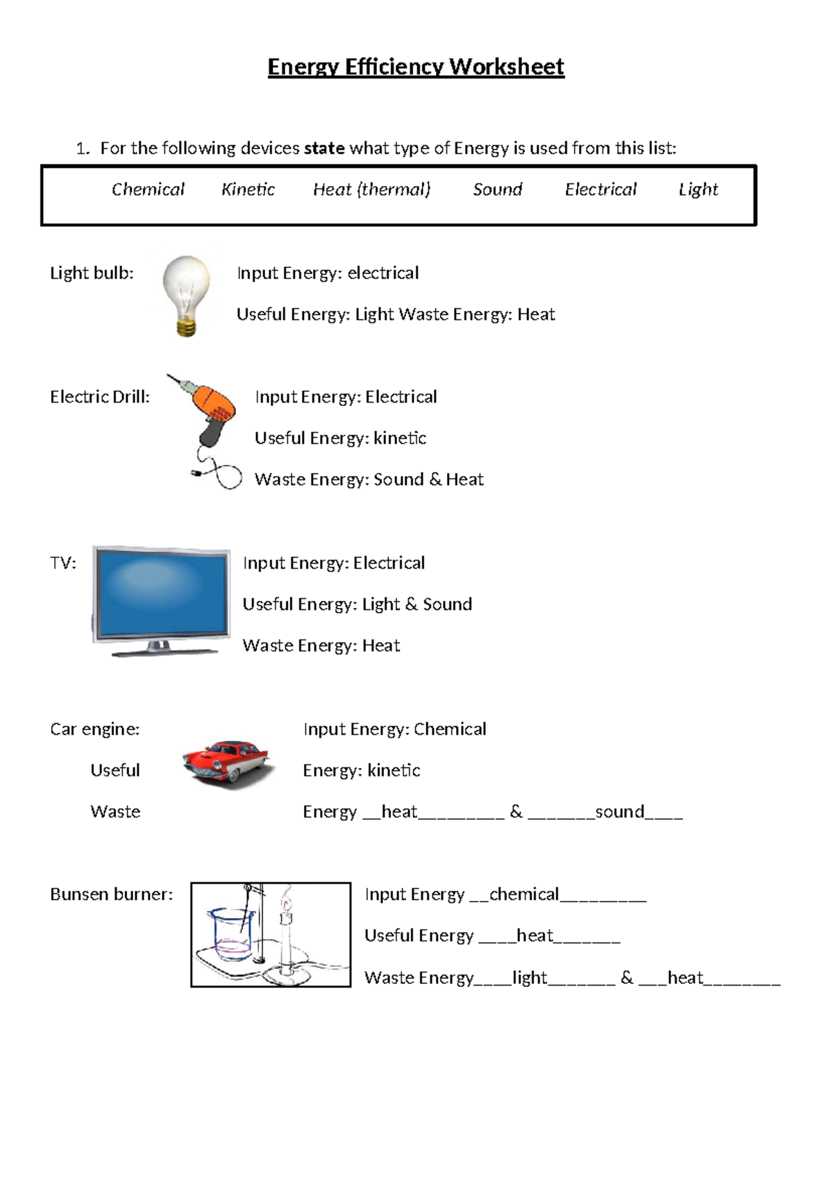 Energy and Efficiency Worksheet 1: Types of Energy Used - Studocu