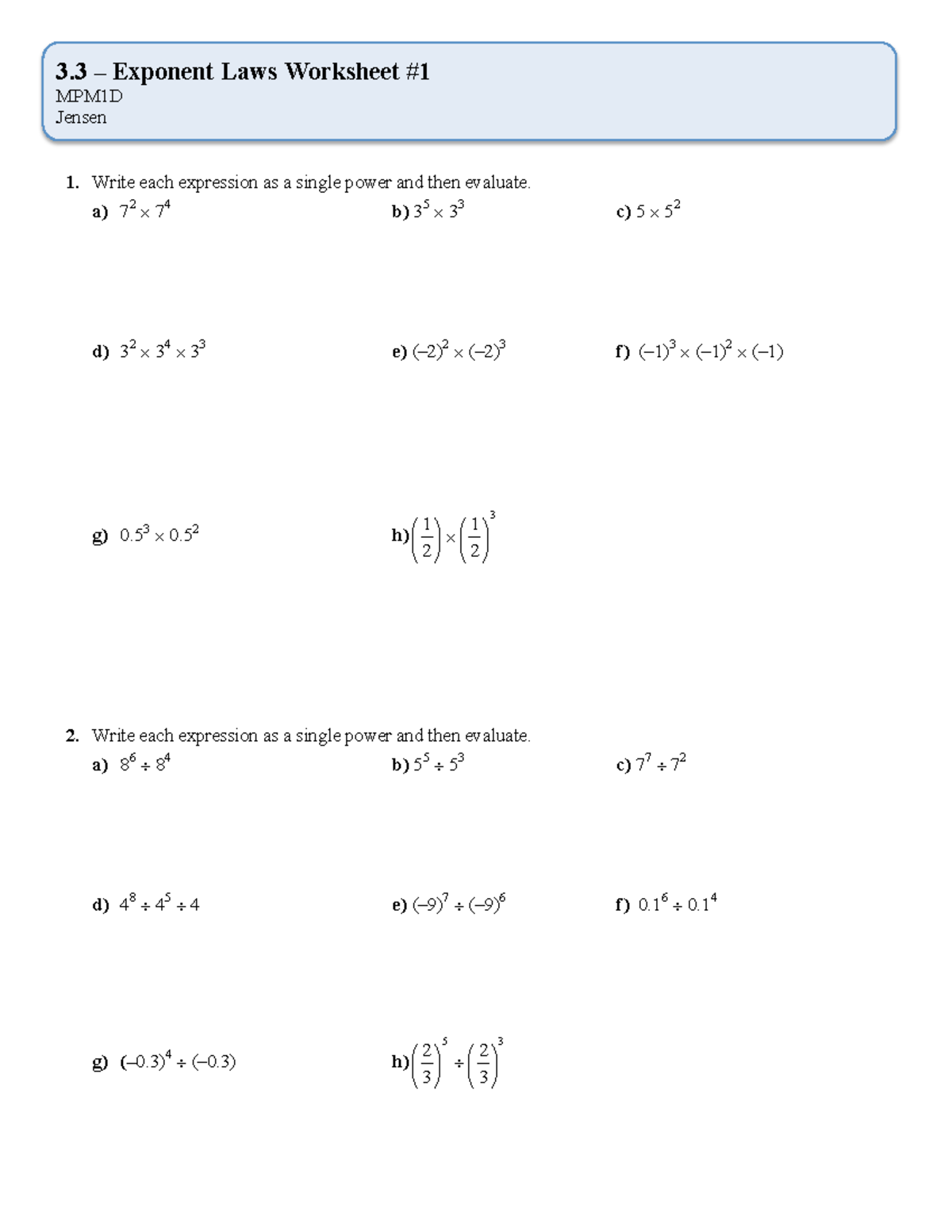MPM1D - Exponent Laws Worksheet: Expressions & Evaluations - Studocu