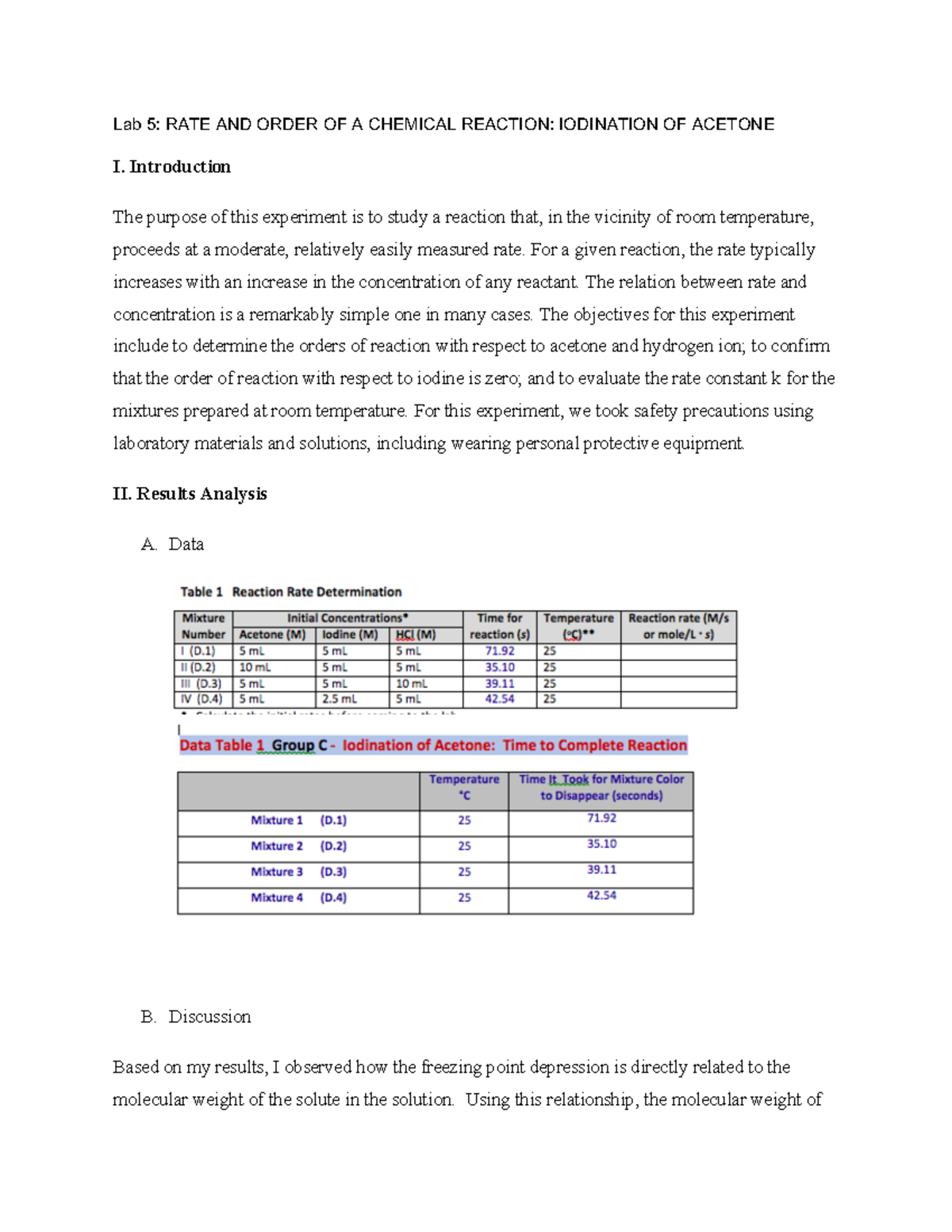 Lab 5 Report: Iodination of Acetone Reaction Rate & Order Analysis - Studocu