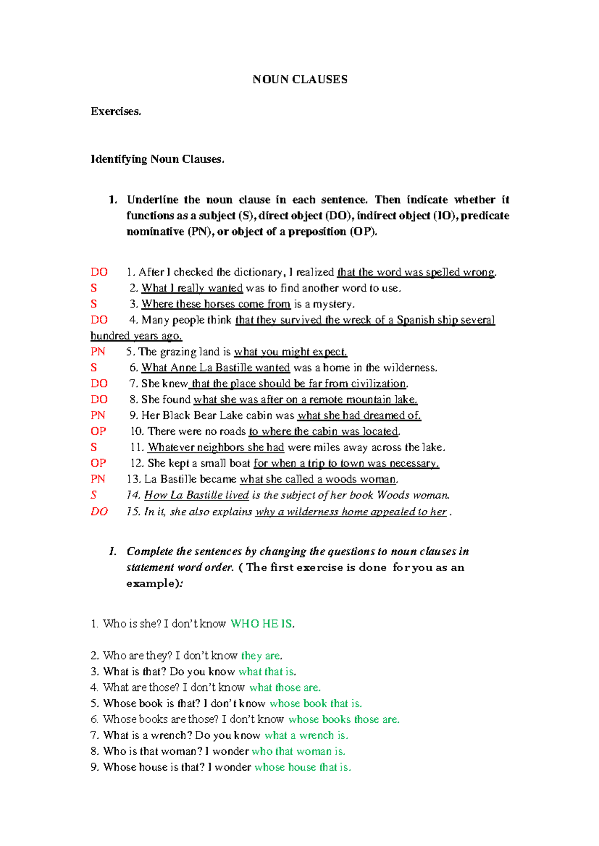 Noun Clauses Exercises and Answers for English Grammar Learning - Studocu