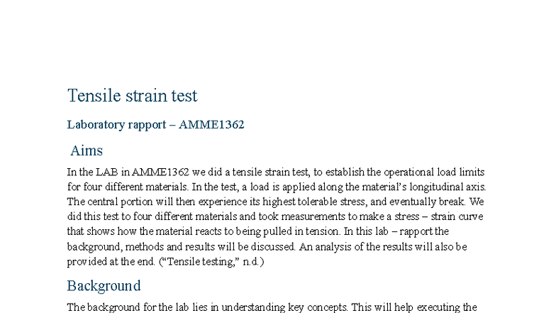 Tensile strain test - LAB rapport - Tensile strain test Laboratory ...