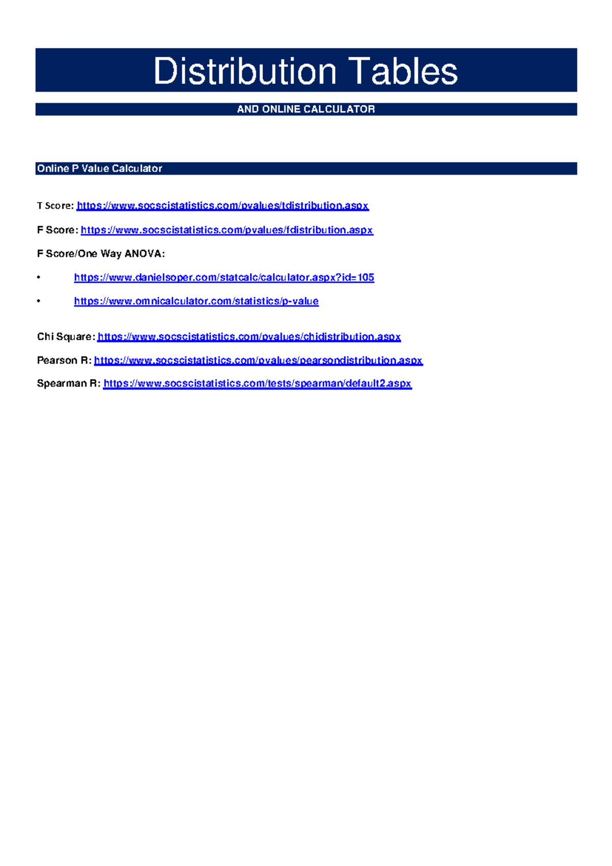 Statistical Tables and Online Calculators for ANOVA & Chi-Square - Studocu