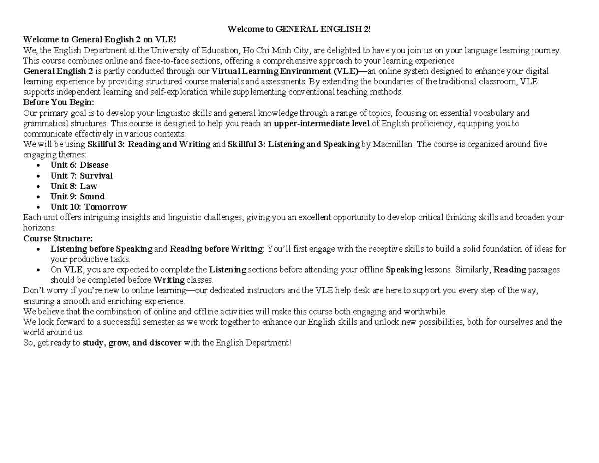 VLE introduction to general English 2 vocabulary and course structure ...