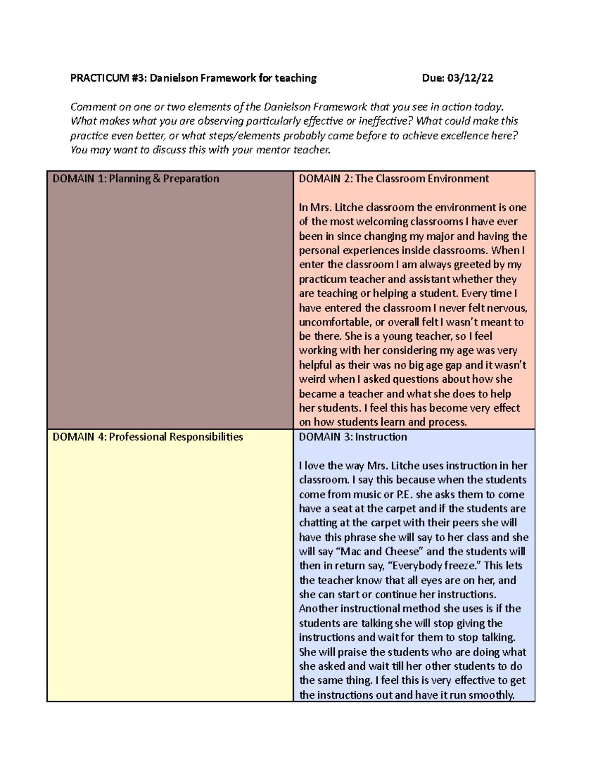 Practicum #3: Danielson Framework Analysis and Observations - Studocu