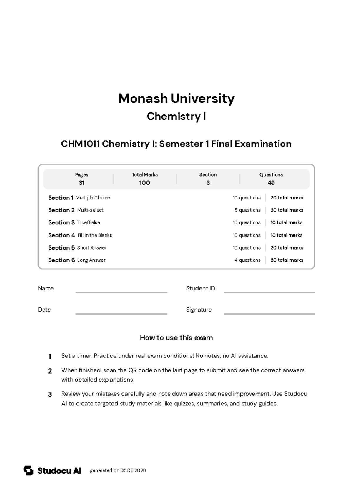 CHM1011 Chemistry I: Semester 1 Final Exam - Studocu