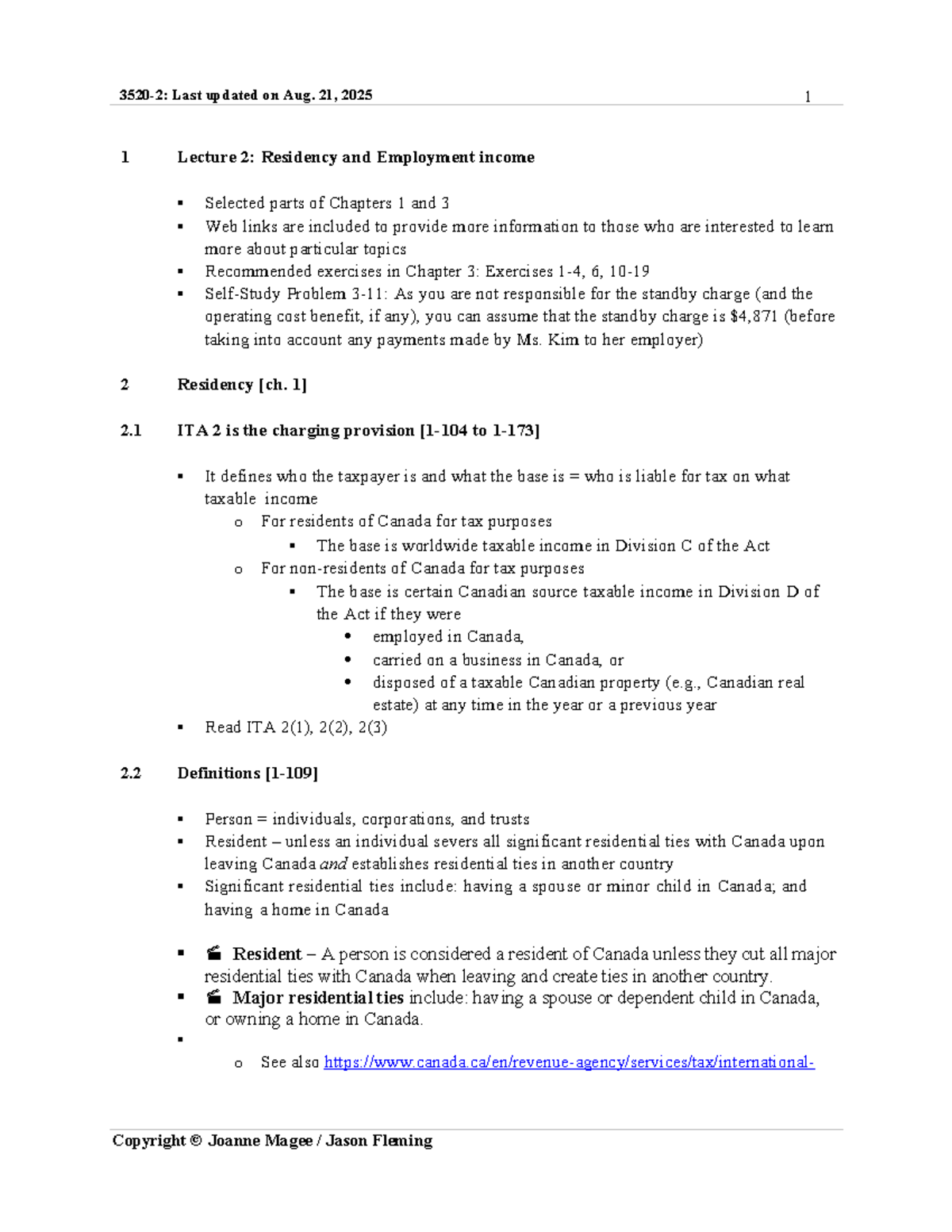 3520-2 Final Exam Lecture 2: Residency & Employment Income Overview ...
