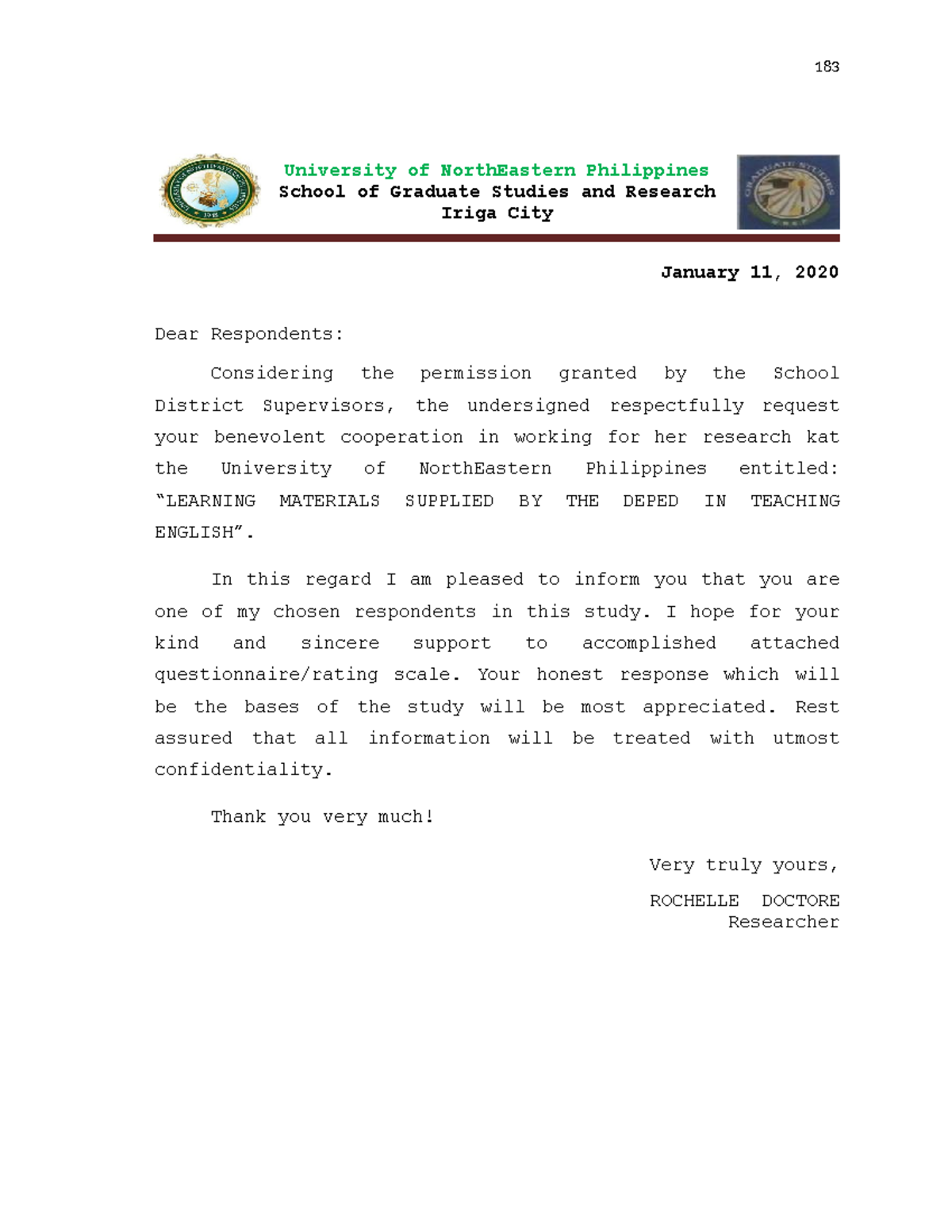 Thesis Letter for Respondents - 183 Graduate Studies - Studocu