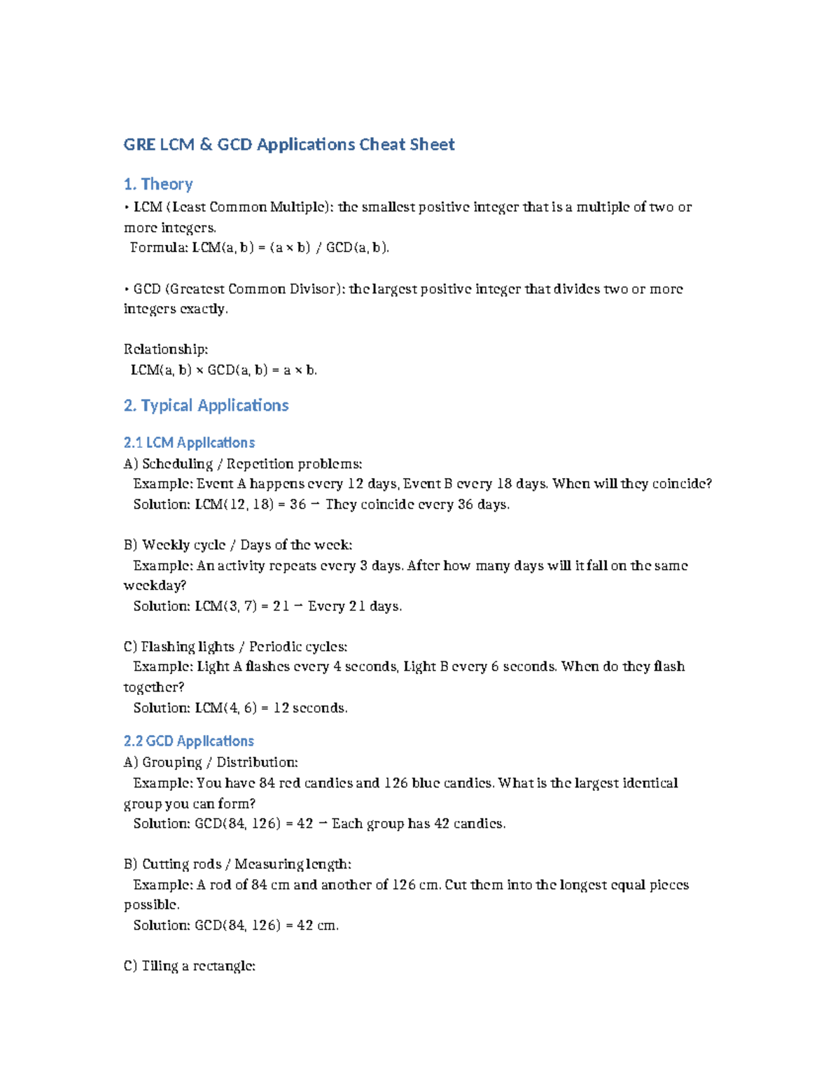 GRE LCM & GCD Applications Cheat Sheet: Key Concepts & Examples - Studocu