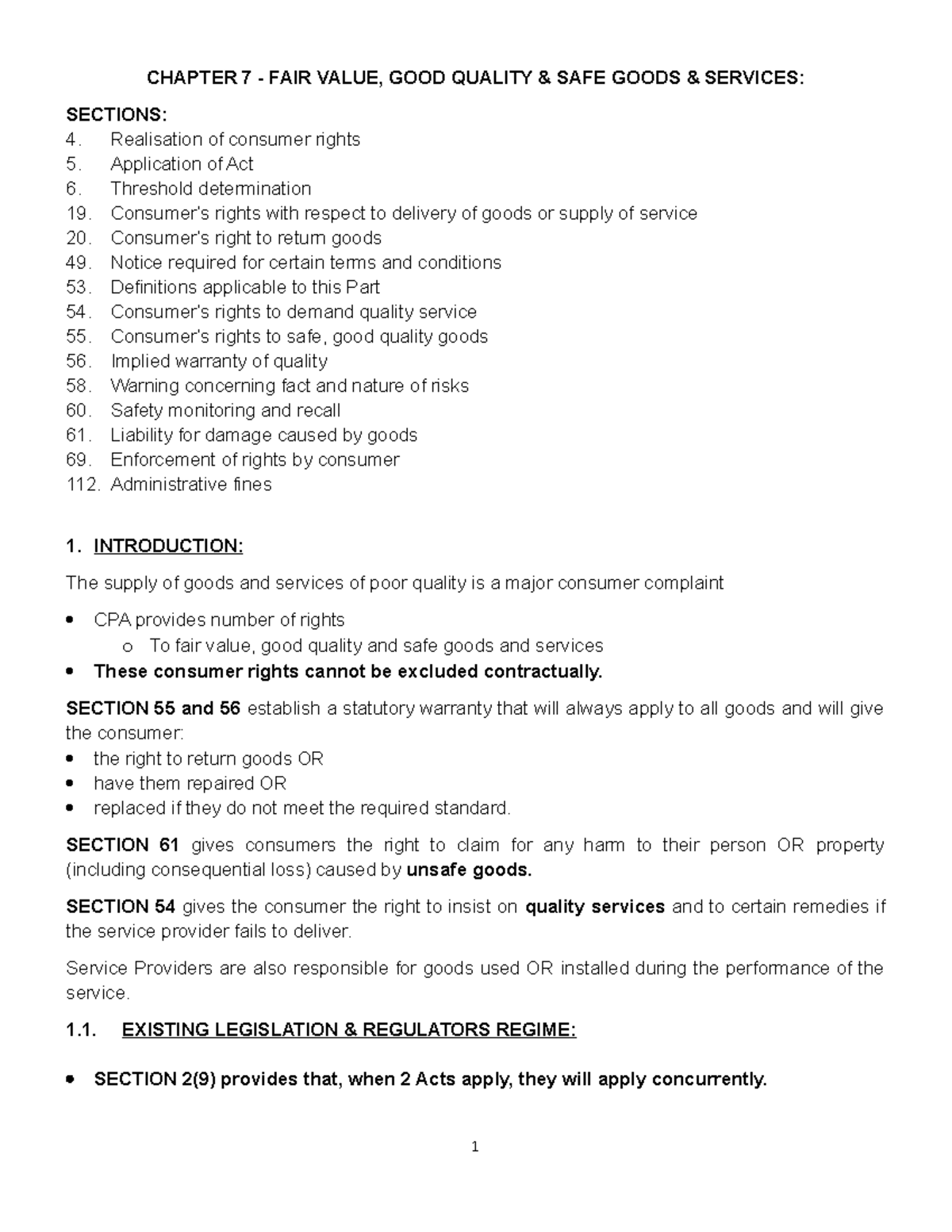 CH7 - Fair Value & Consumer Rights for Quality Goods/Services - Studocu