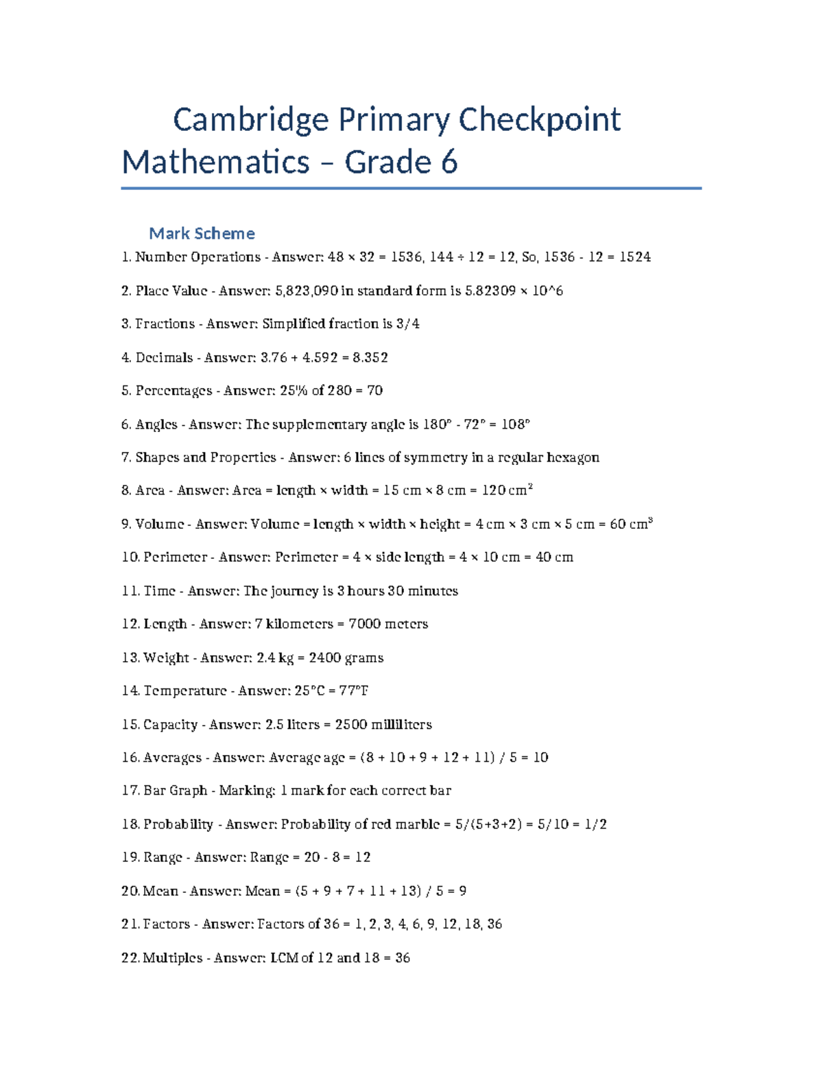 Cambridge Checkpoint Math Grade 6 Mark Scheme Breakdown - Studocu