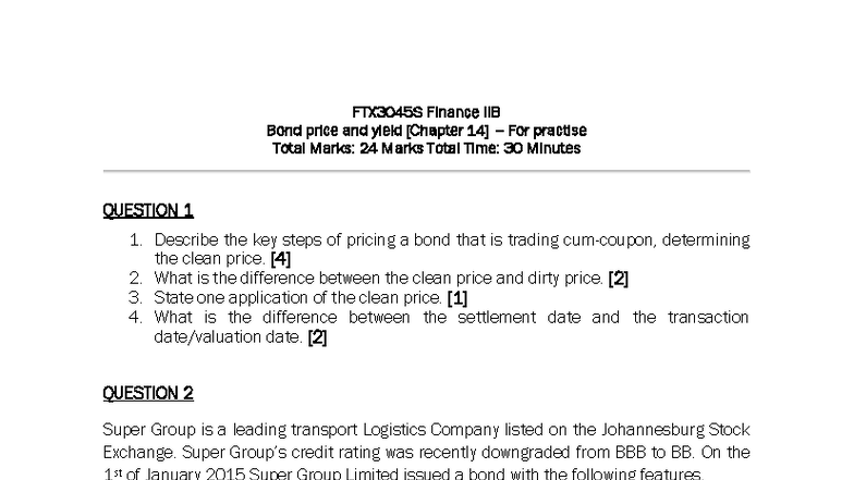FTX3045S Finance IIB: Bond Pricing & Yield Practice Exercise - Studocu