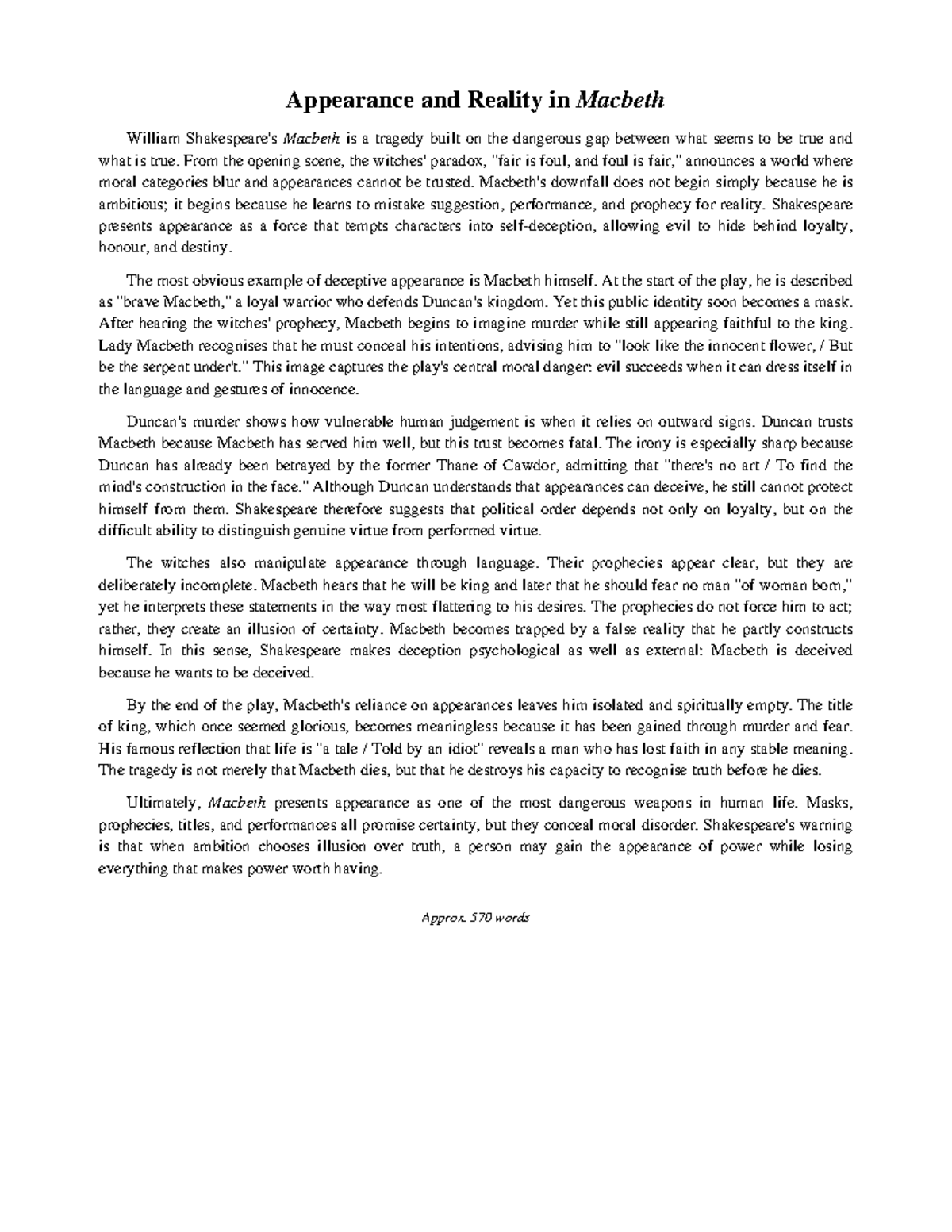 Shakespeare Essay: Appearance vs. Reality in Macbeth (ENG 101) - Studocu
