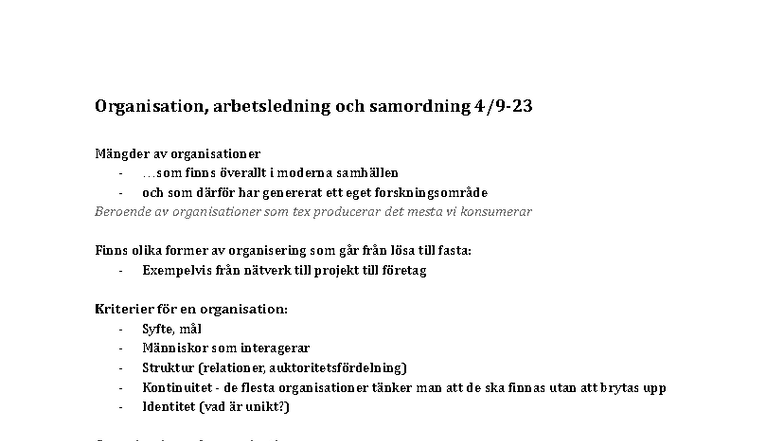 Organisering och Arbetsledning: Föreläsningsanteckningar MNG101 - Studocu
