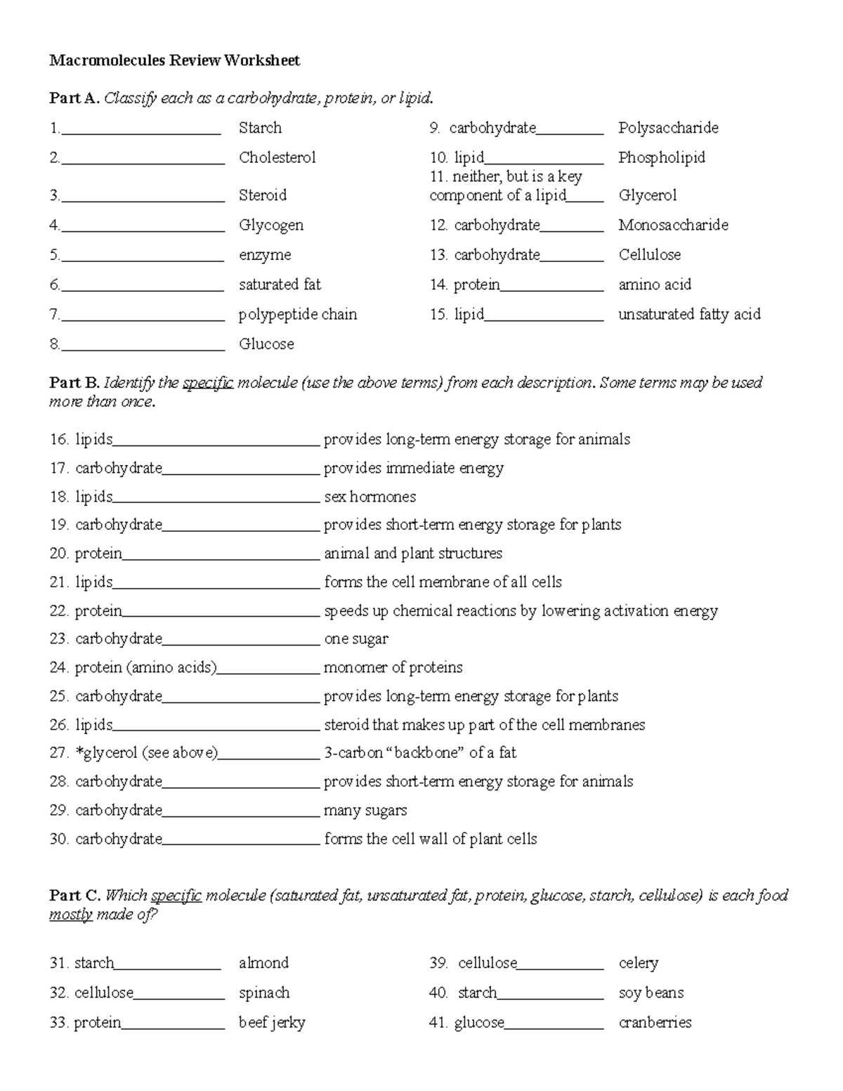 Macromolecules Review Worksheet - Answer Key for Biology 101 - Studocu