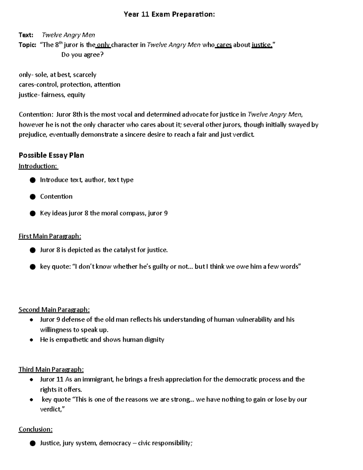 Year 11 Exam Prep: Twelve Angry Men Essay Analysis - Studocu