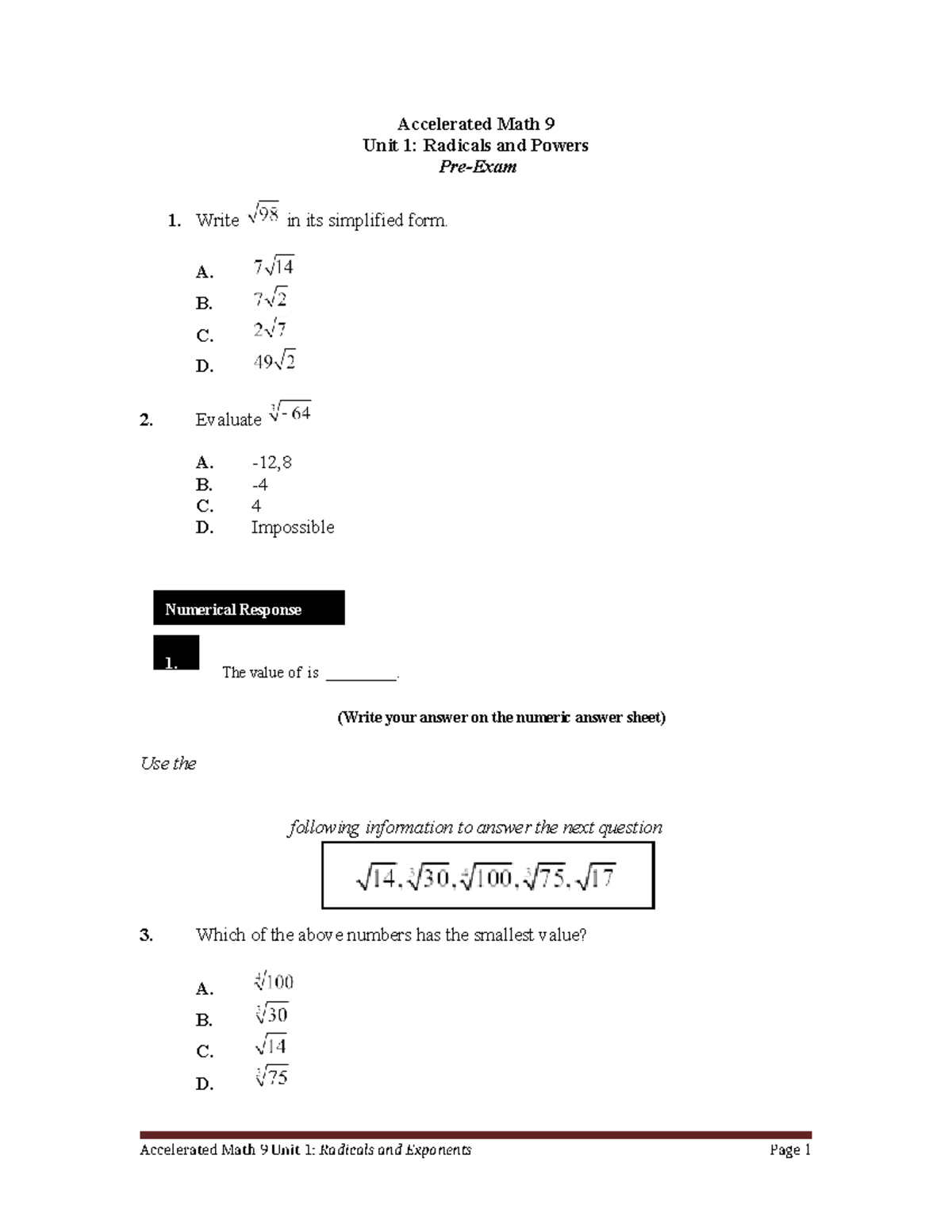 M9 Acc Unit 1 Pre-Exam: Radicals and Exponents Review - Studocu