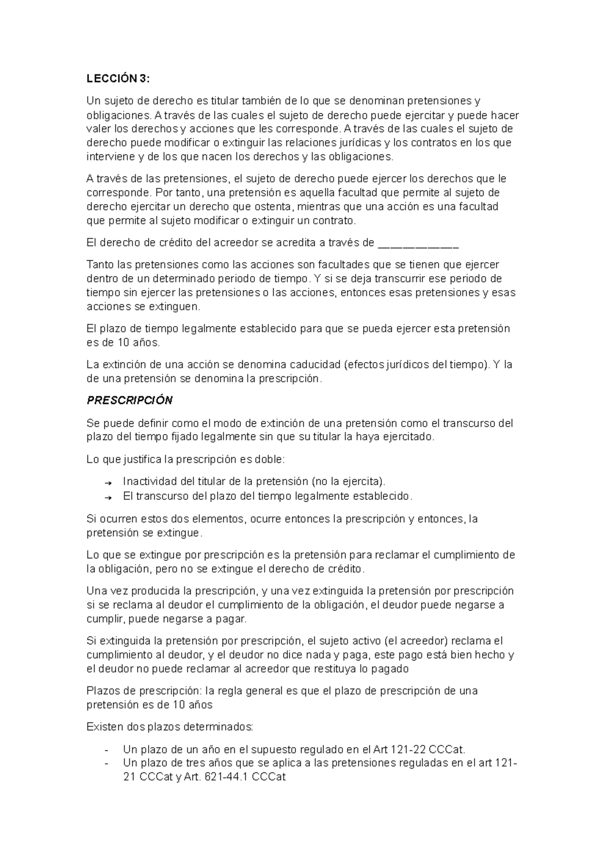 Lección 3 - Derecho: Pretensiones, Acciones y Plazos de Prescripción ...