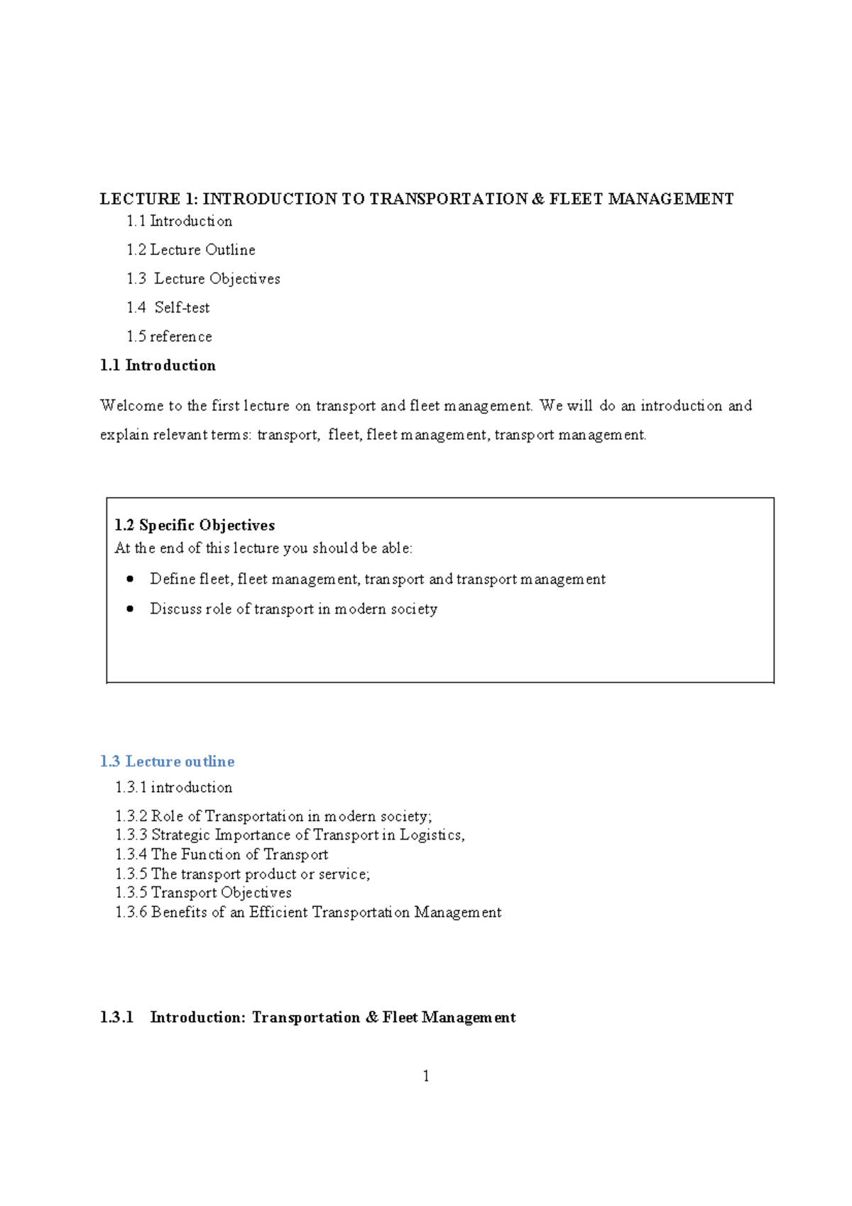 Lecture 1: Intro to Transportation & Fleet Management (TFLM 101) - Studocu