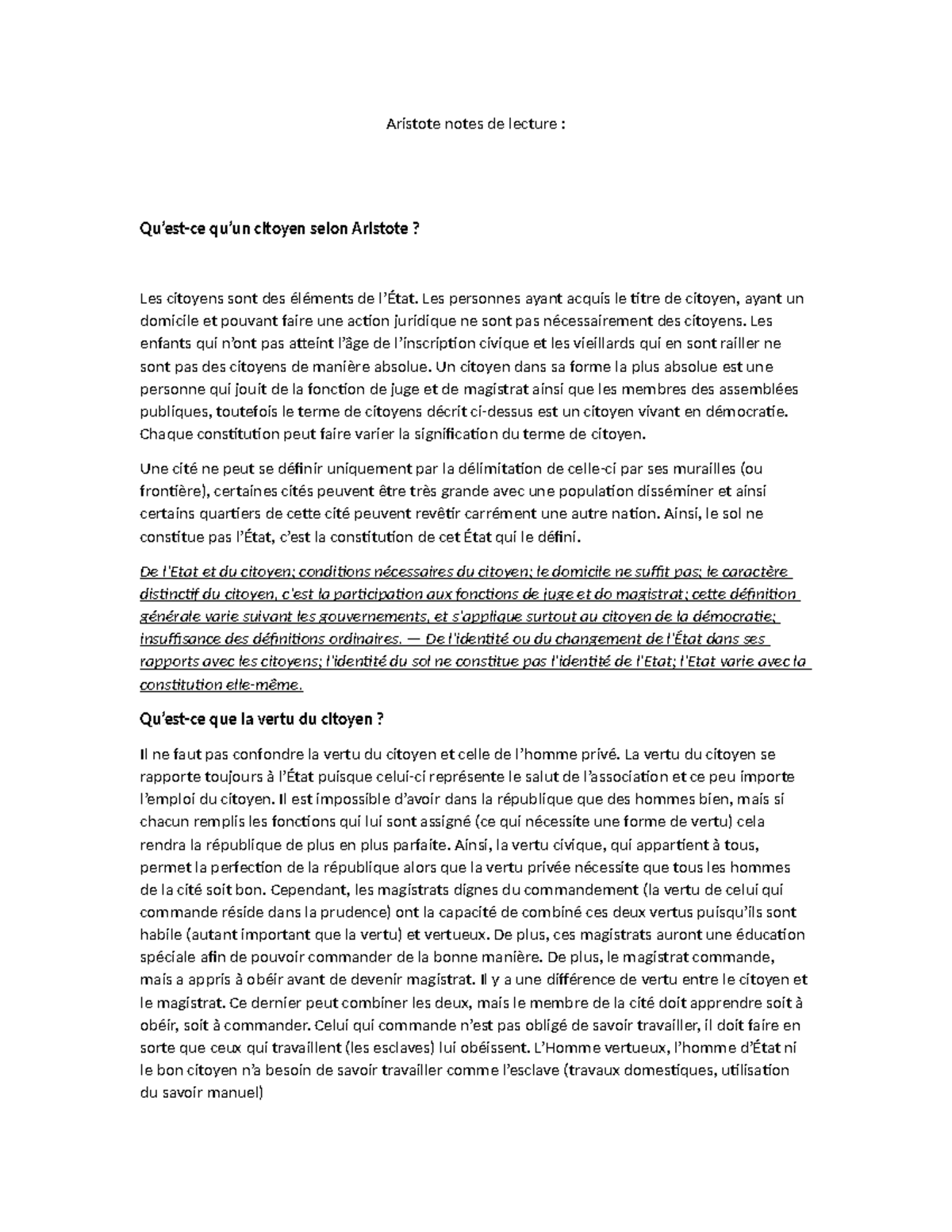 Notes de Lecture sur la Citoyenneté selon Aristote - Studocu