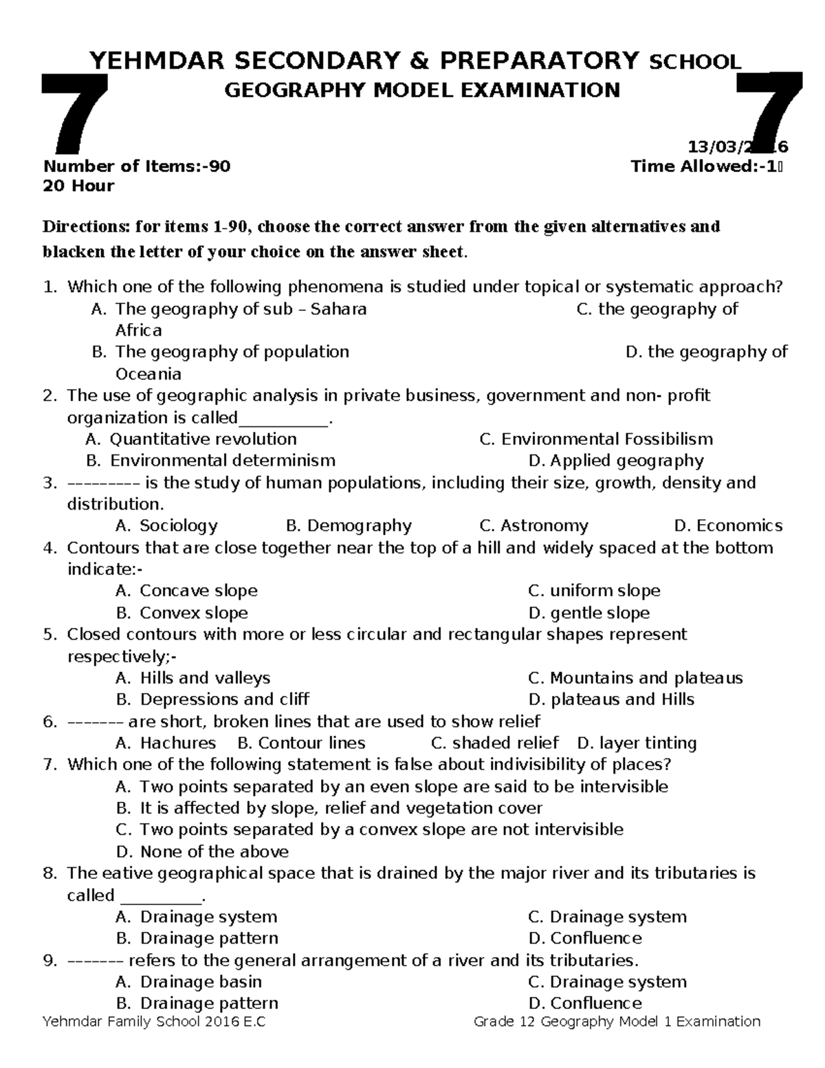 Grade 12 Geography Model Exam 1 - Yehmdar Secondary School - Studocu