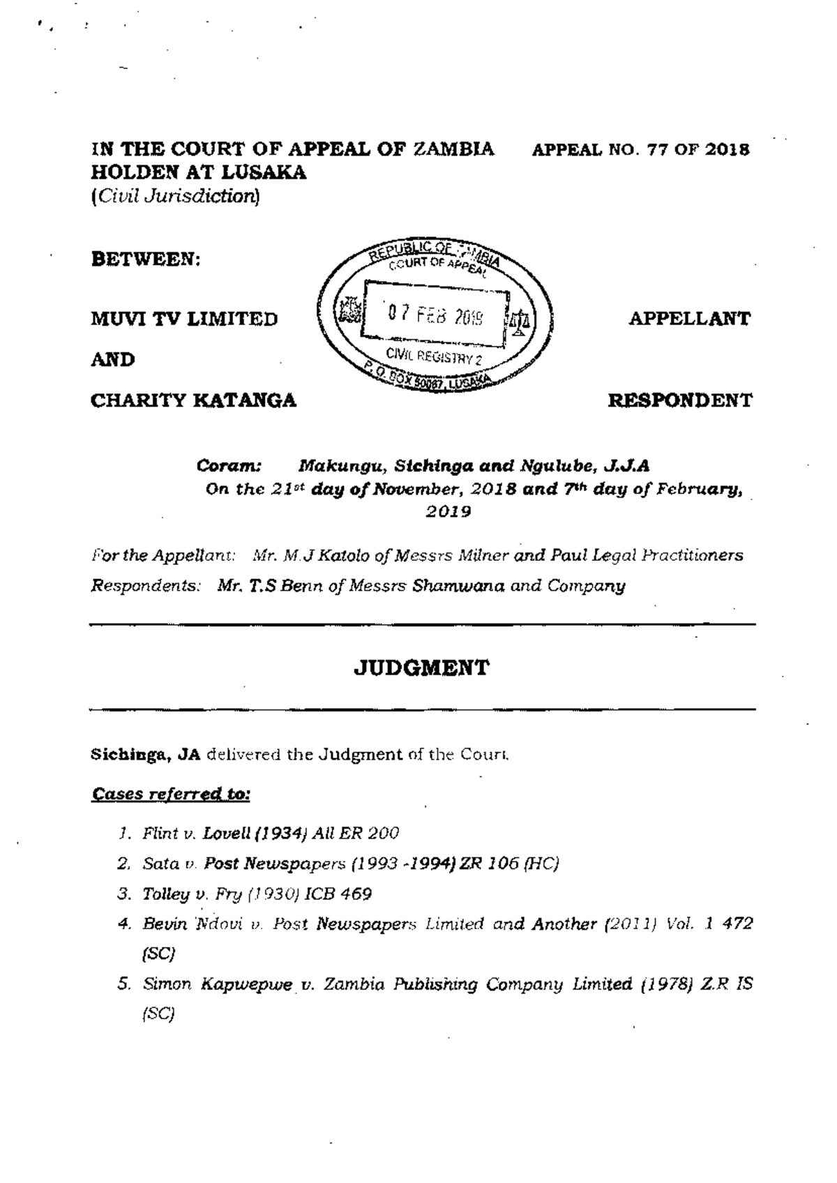 Muvi TV Limited v. Katanga: Appeal No. 77 of 2018 Judgment Analysis ...