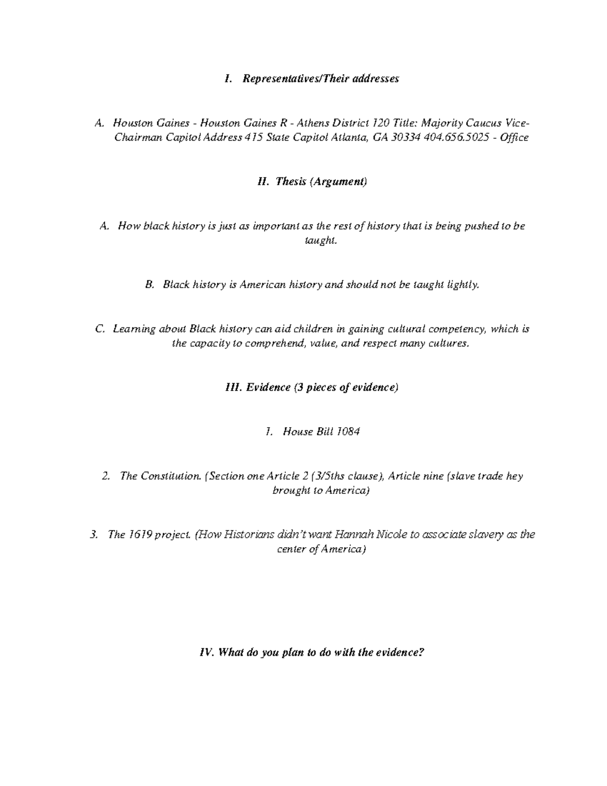 Final Essay Outline (Survey of American History) - I. Representatives ...