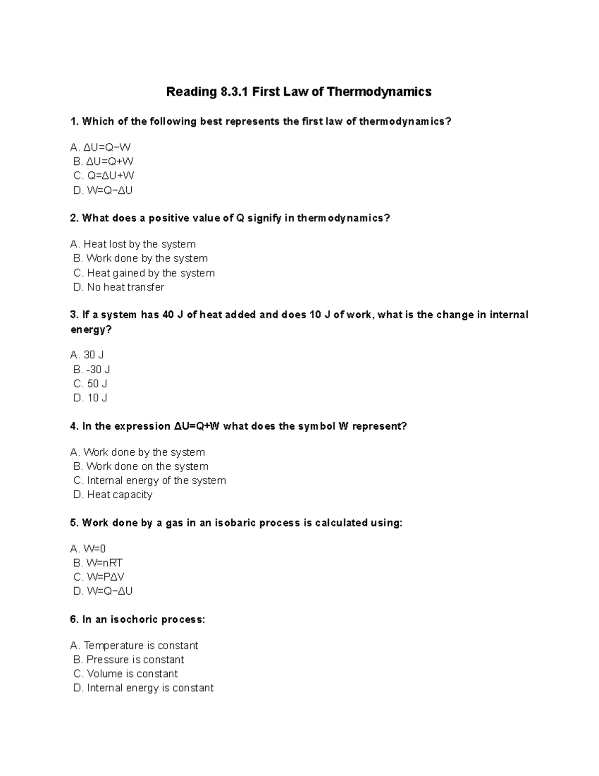 Reading Quiz 8.3.1 First Law of Thermodynamics - Reading 8.3 First Law ...