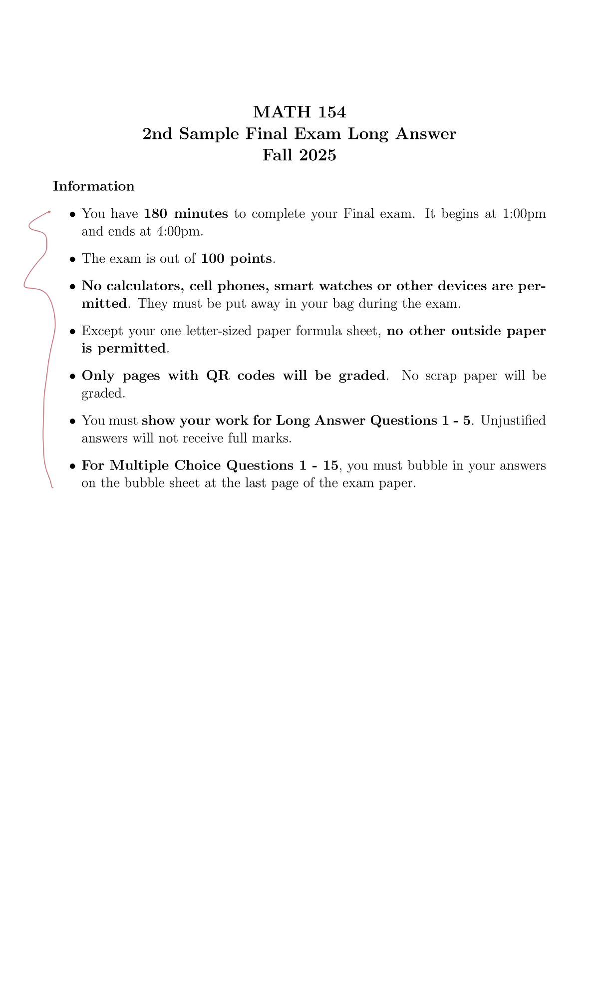 MATH 154 2nd Sample Final Exam Long Answer Guide Fall 2025 - Studocu