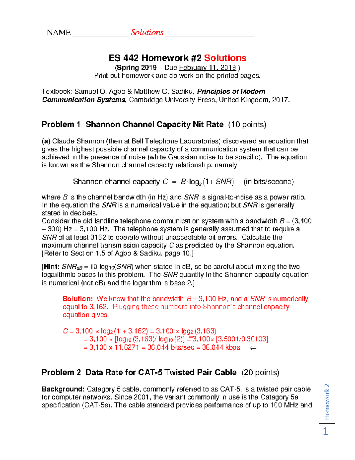 Nyquist Shannon ES 442 Homework Solutions (Spring 2019) - Studocu
