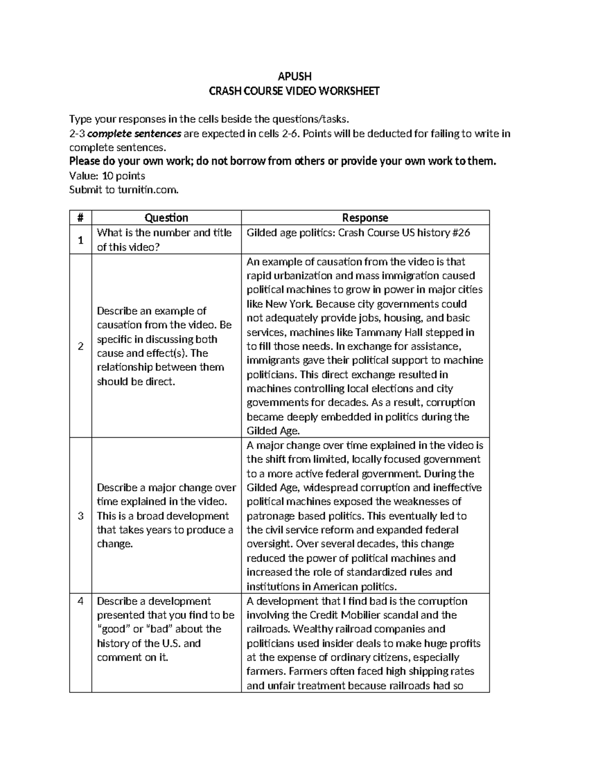 APUSH Crash Course Video Worksheet: Gilded Age Politics Analysis - Studocu