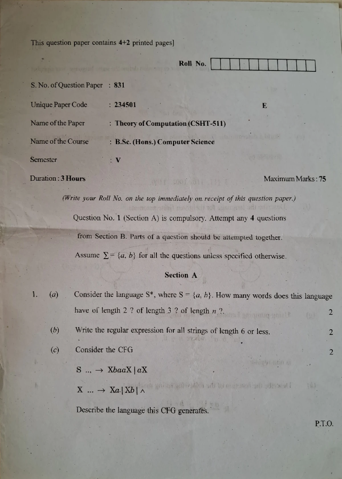 Theory of Computation Previous Year Question paper - 1095 Section A 1. (a) Prove that for all ...