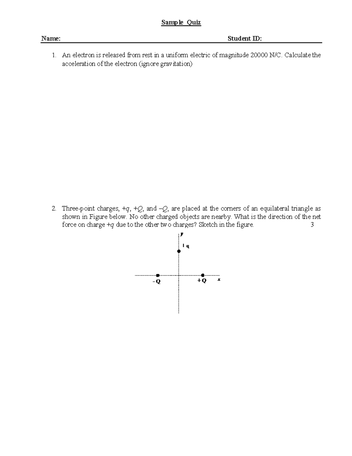 PHYS108 Sample Quiz: Electric Forces and Acceleration - Studocu