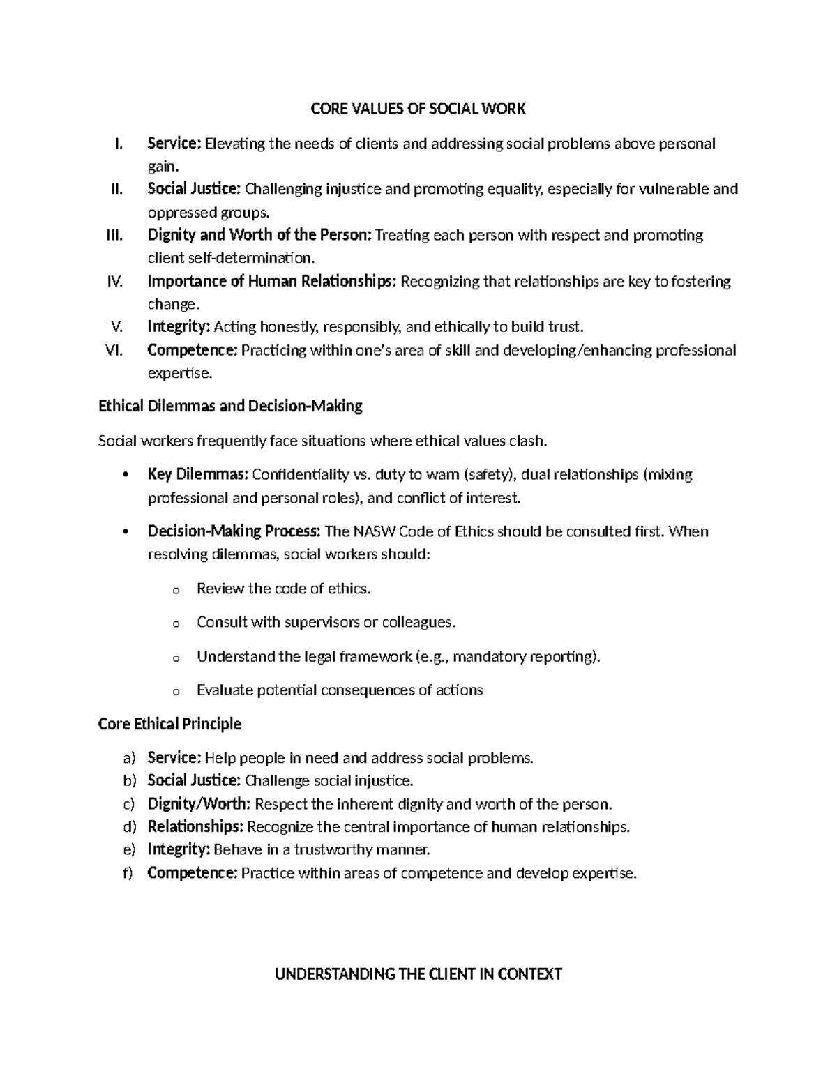 CORE Values of Social Work: SW Foundation Overview and Ethical ...