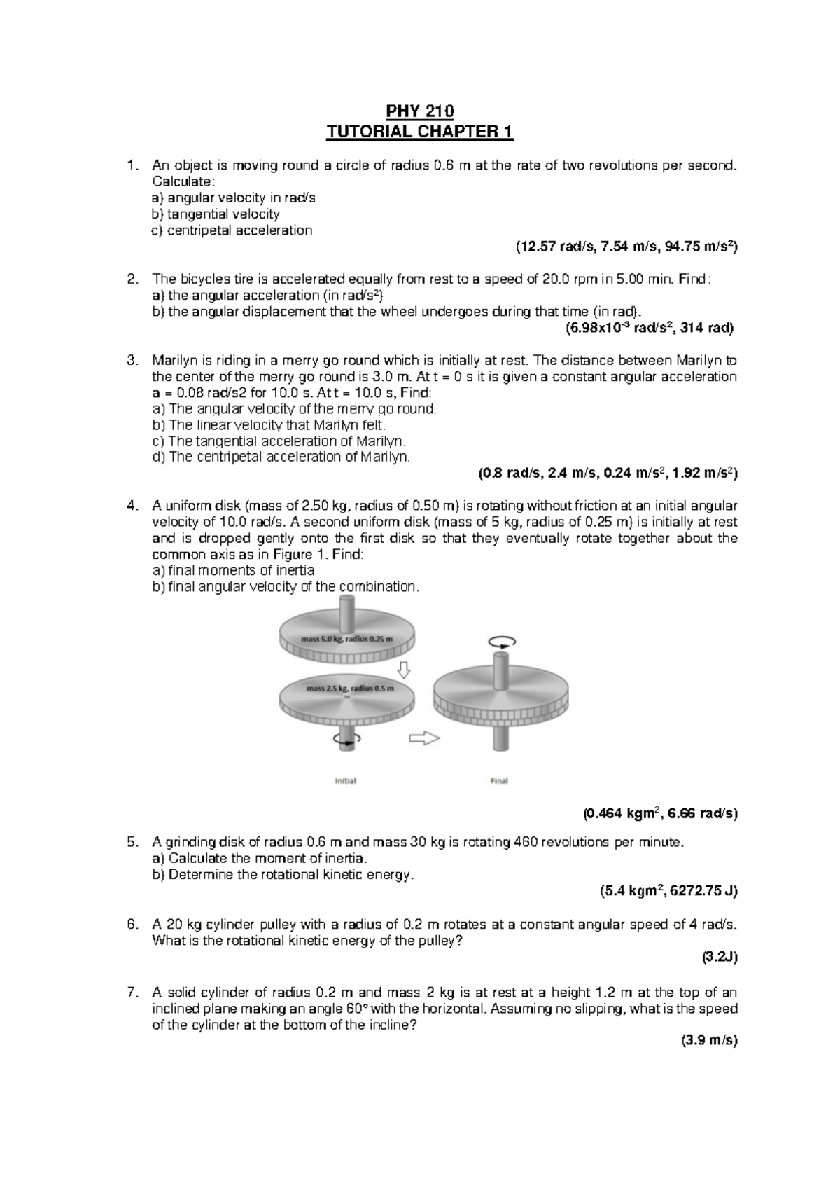 Tutorial 1: Angular Motion Concepts in PHY 210 - Studocu