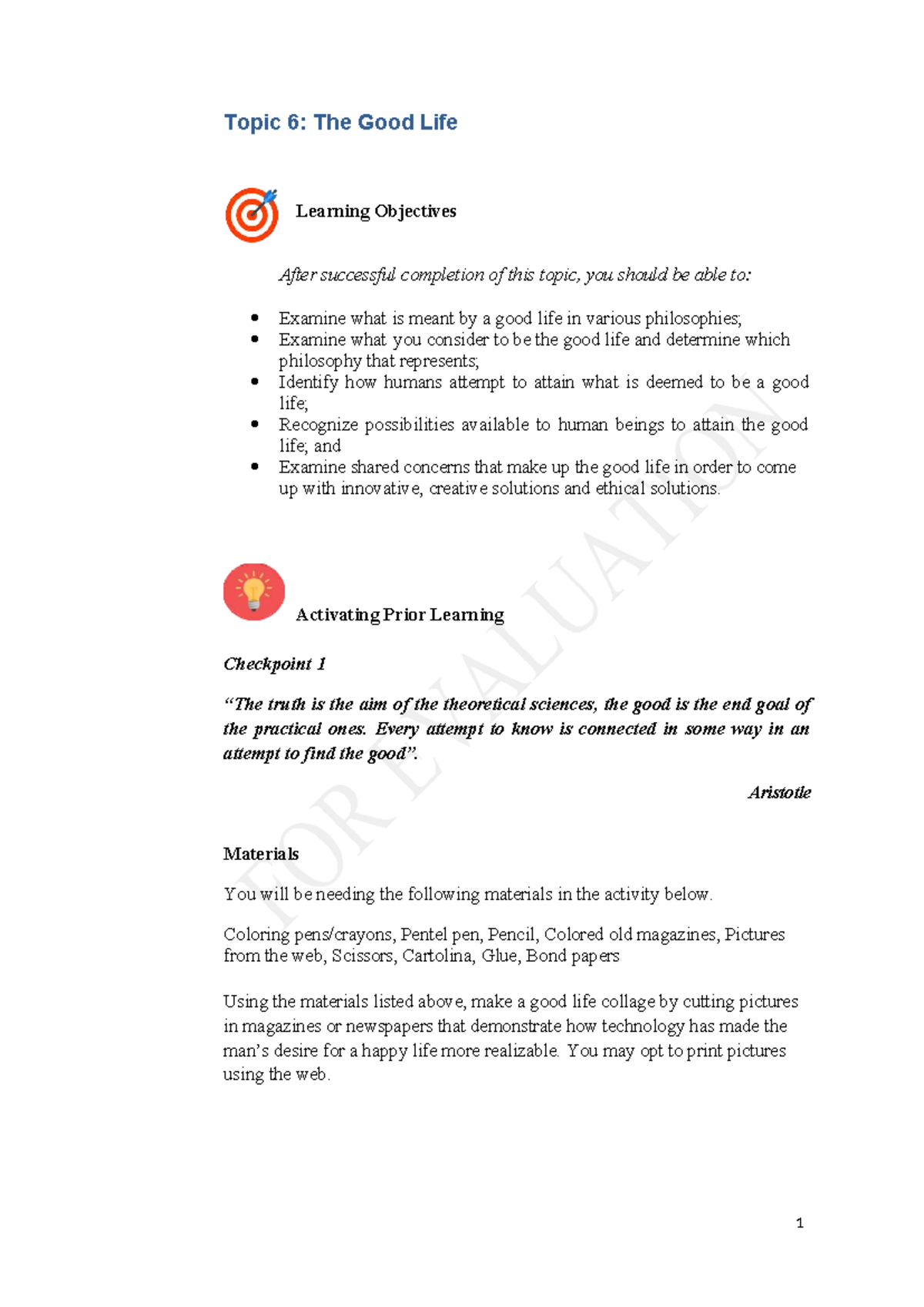 Topic 6: Exploring the Good Life - STS Learning Objectives and Insights ...