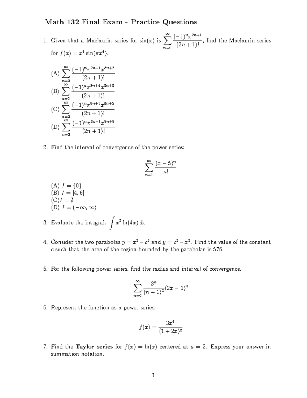 Math 132 Final Exam Practice Questions - Given that a Maclaurin series ...