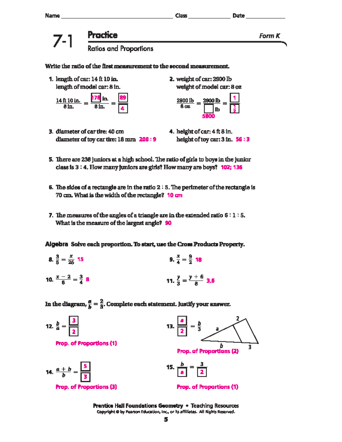 Math 101: Practice Form K - Ratios, Proportions, and Similarity - Studocu