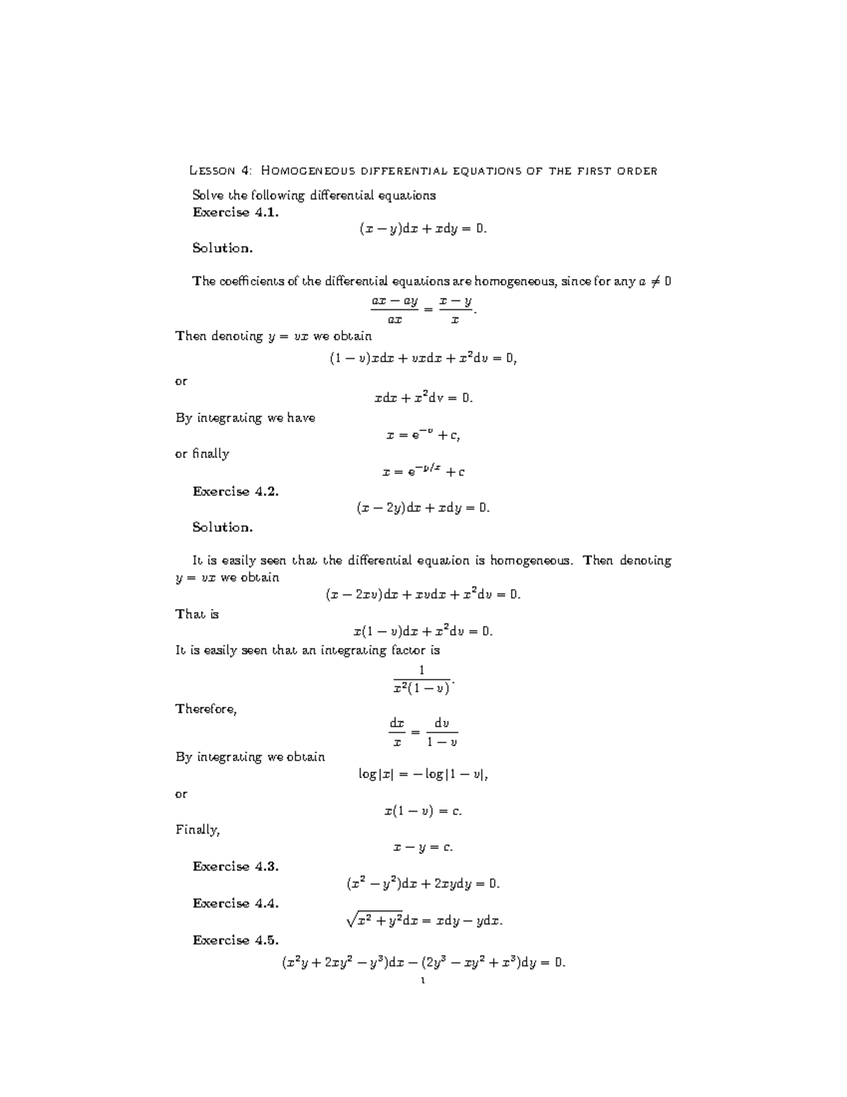Homogeneous Differential Equations: First Order Lesson Notes - Studocu
