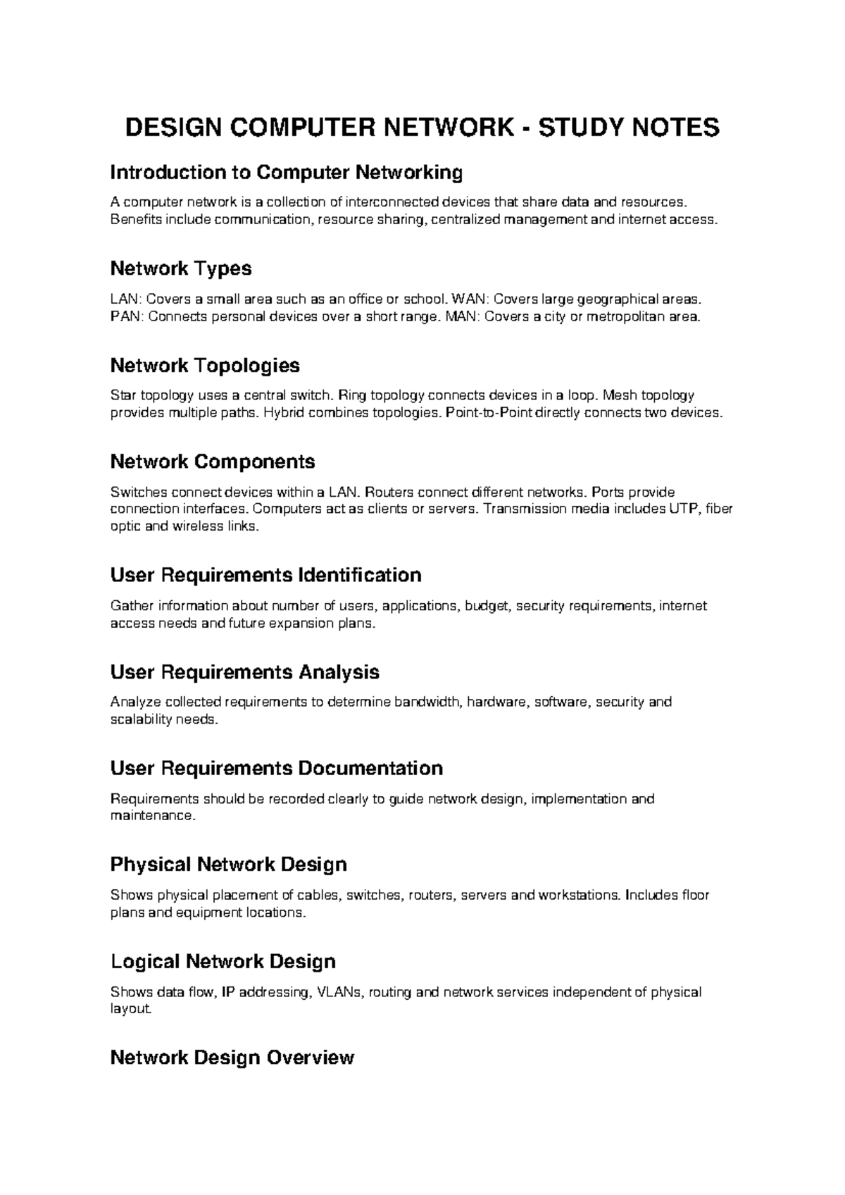 COMP 101: Computer Network Design Study Notes - Studocu
