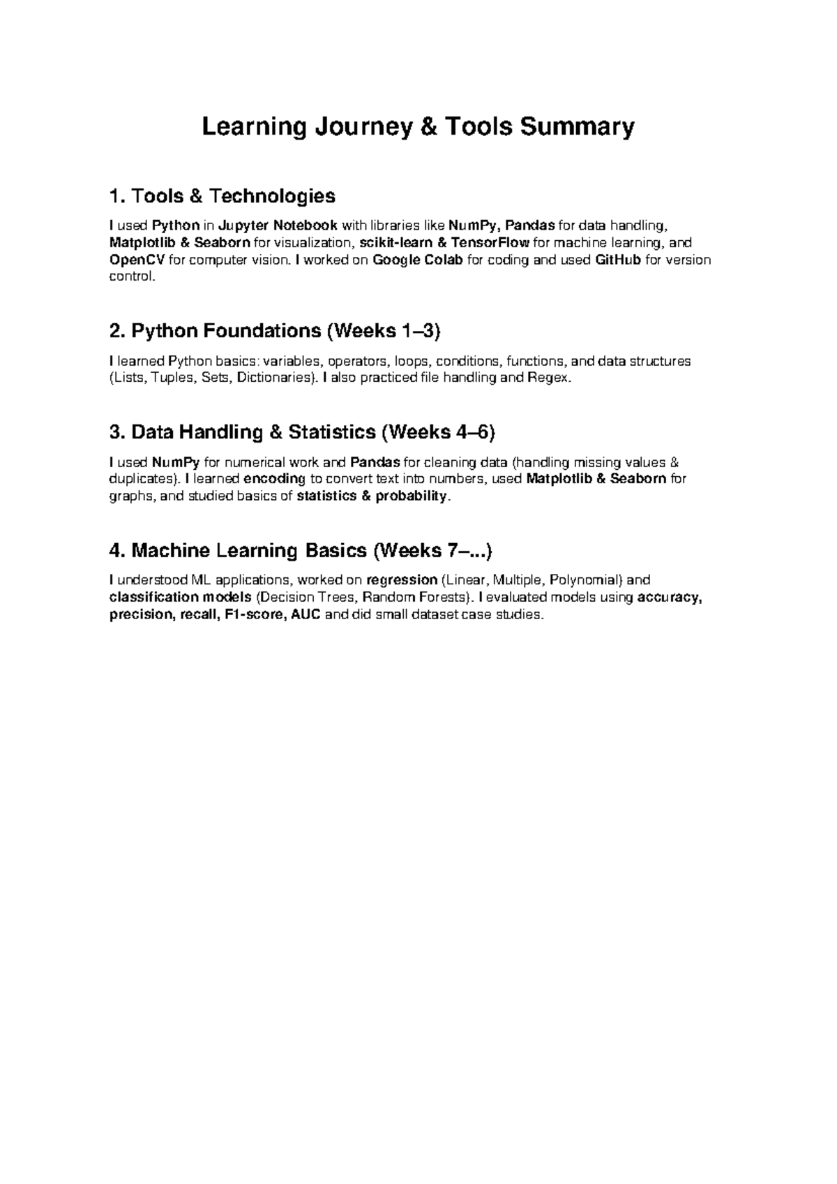 Learning Journey Summary: Tools & Techniques in Python - Studocu