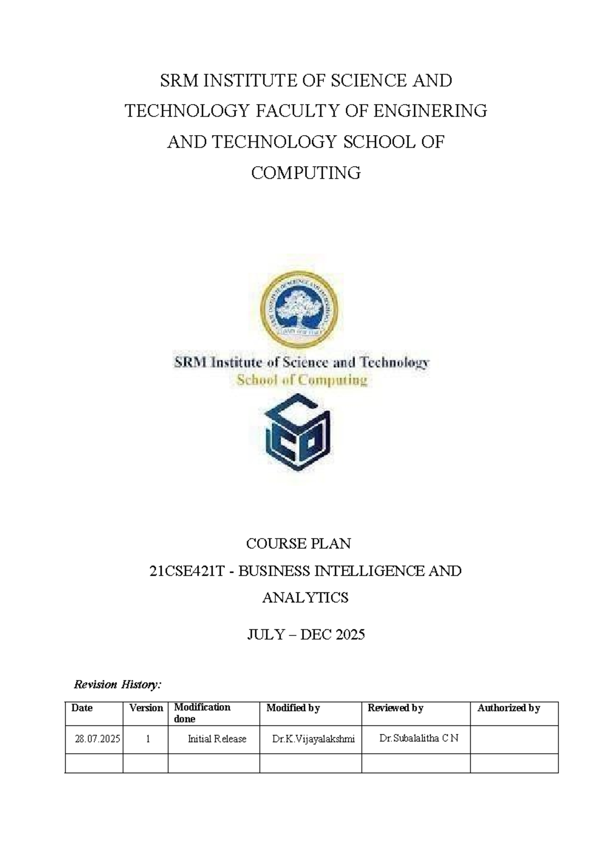 Course Plan 21CSE421T: Business Intelligence & Analytics - Studocu