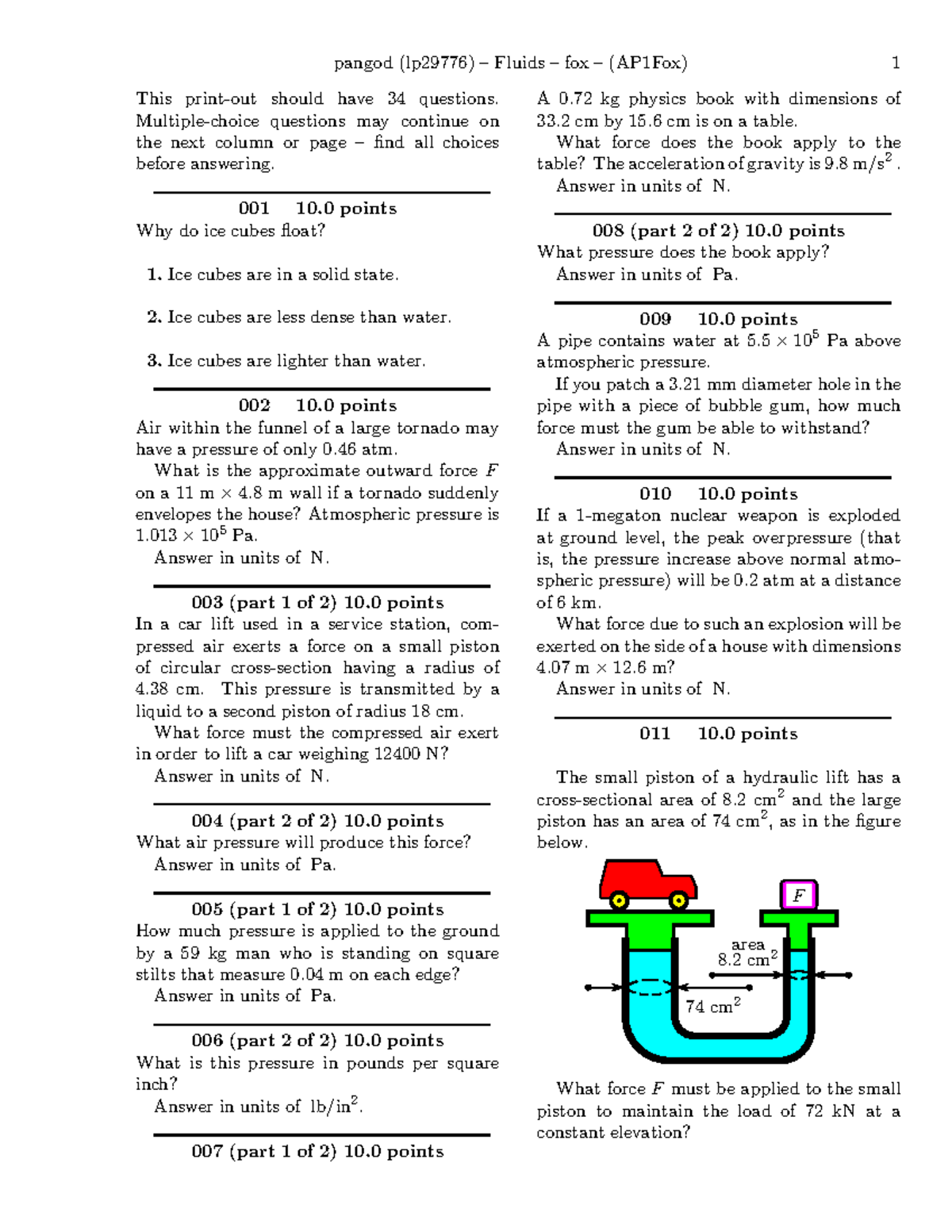 Fluids (PHYS 101) - Practice Problems and Exercises - Studocu