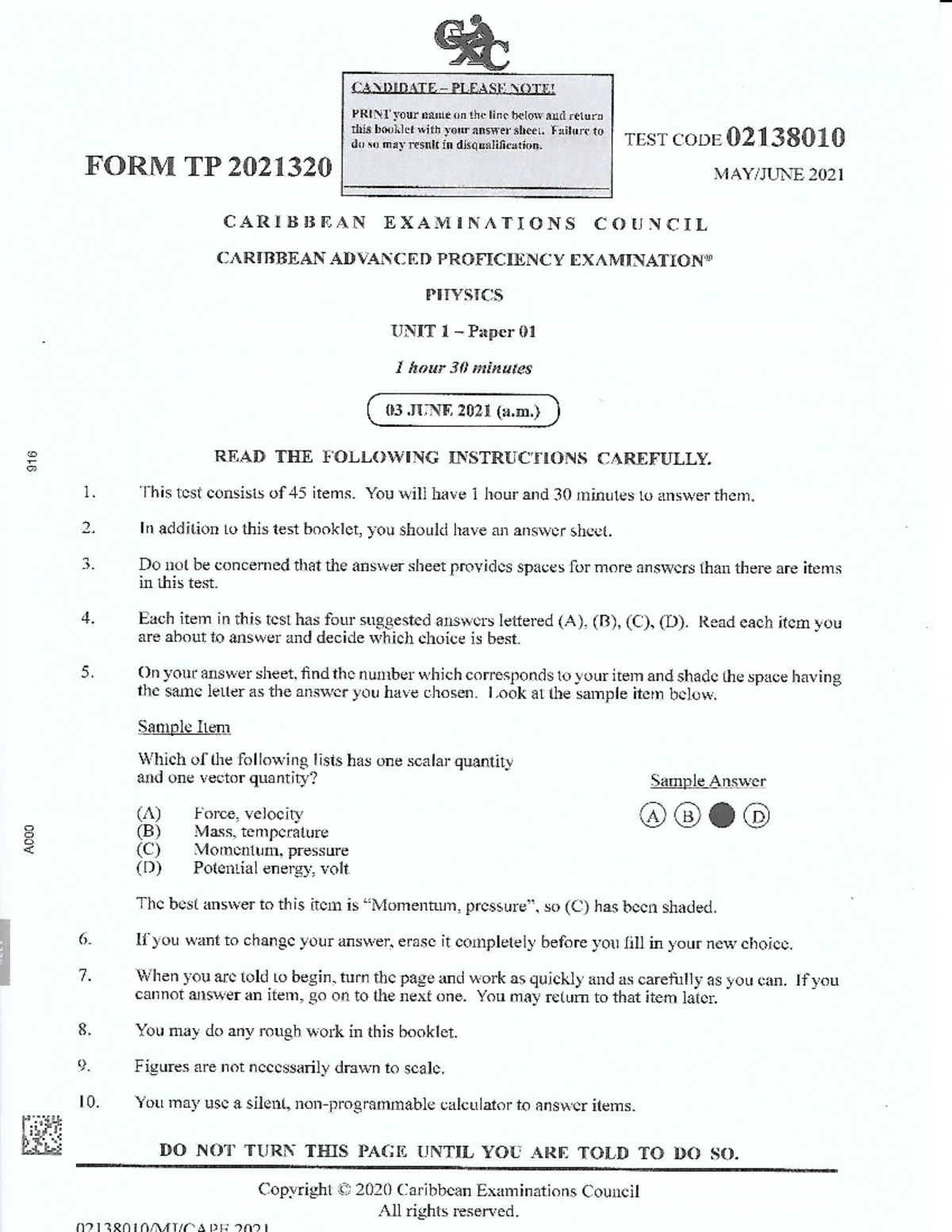 Physics CAPE 2021 Unit 1 Paper 01 Instructions & Test Items - Studocu