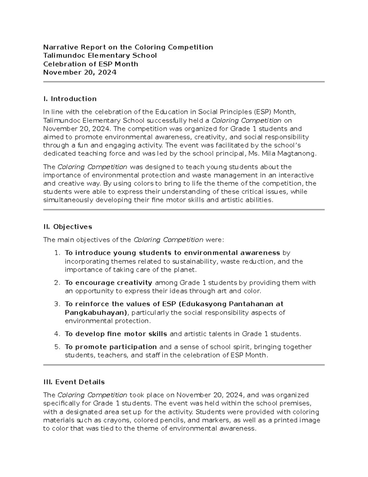 Narrative Report: Grade 1 Coloring Competition for ESP Month - Studocu