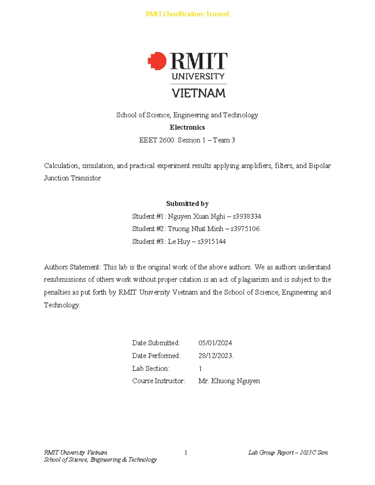 EEET26000-Lab-Report - RMIT University Vietnam 1 Lab Group Report ...