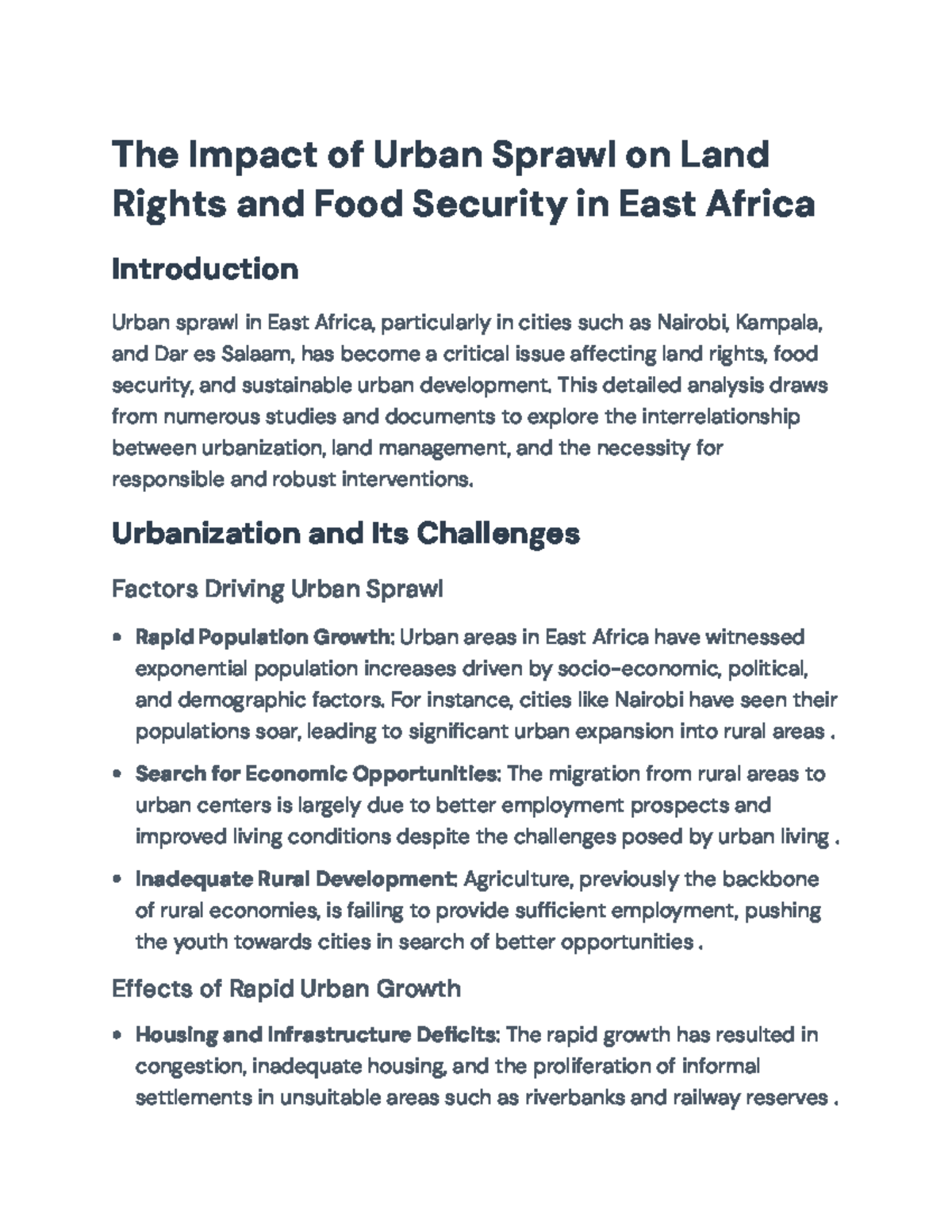 The Impact of Urban Sprawl on Land Rights and Food Security in EA - The ...